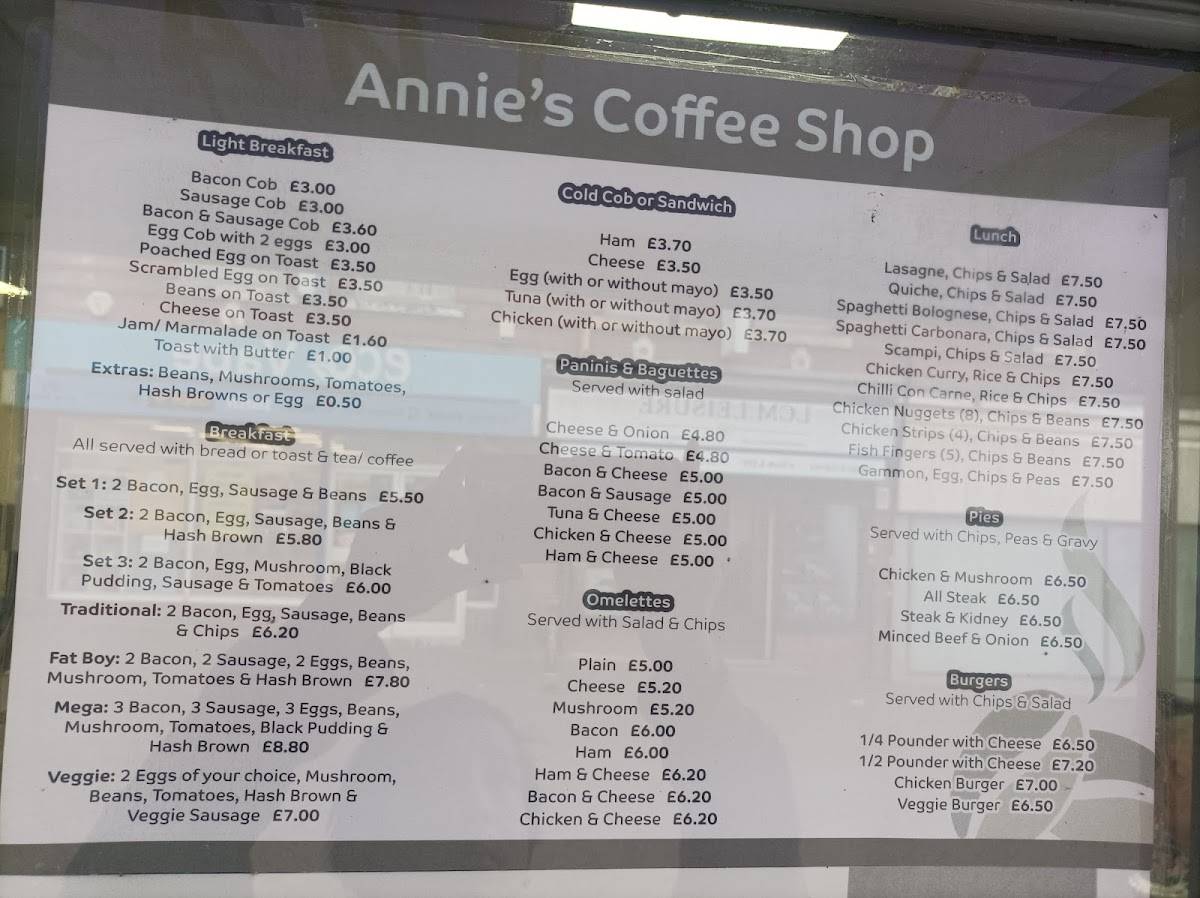 Menu at Annie's Coffee shop restaurant, Ilkeston
