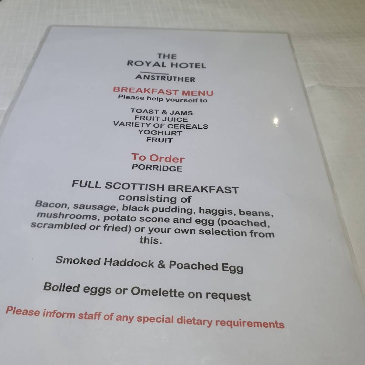 Menu at The Royal Hotel pub & bar, Anstruther