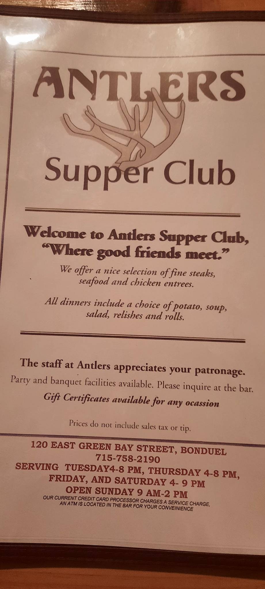 Menu at Harlow's Supper Club, Bonduel