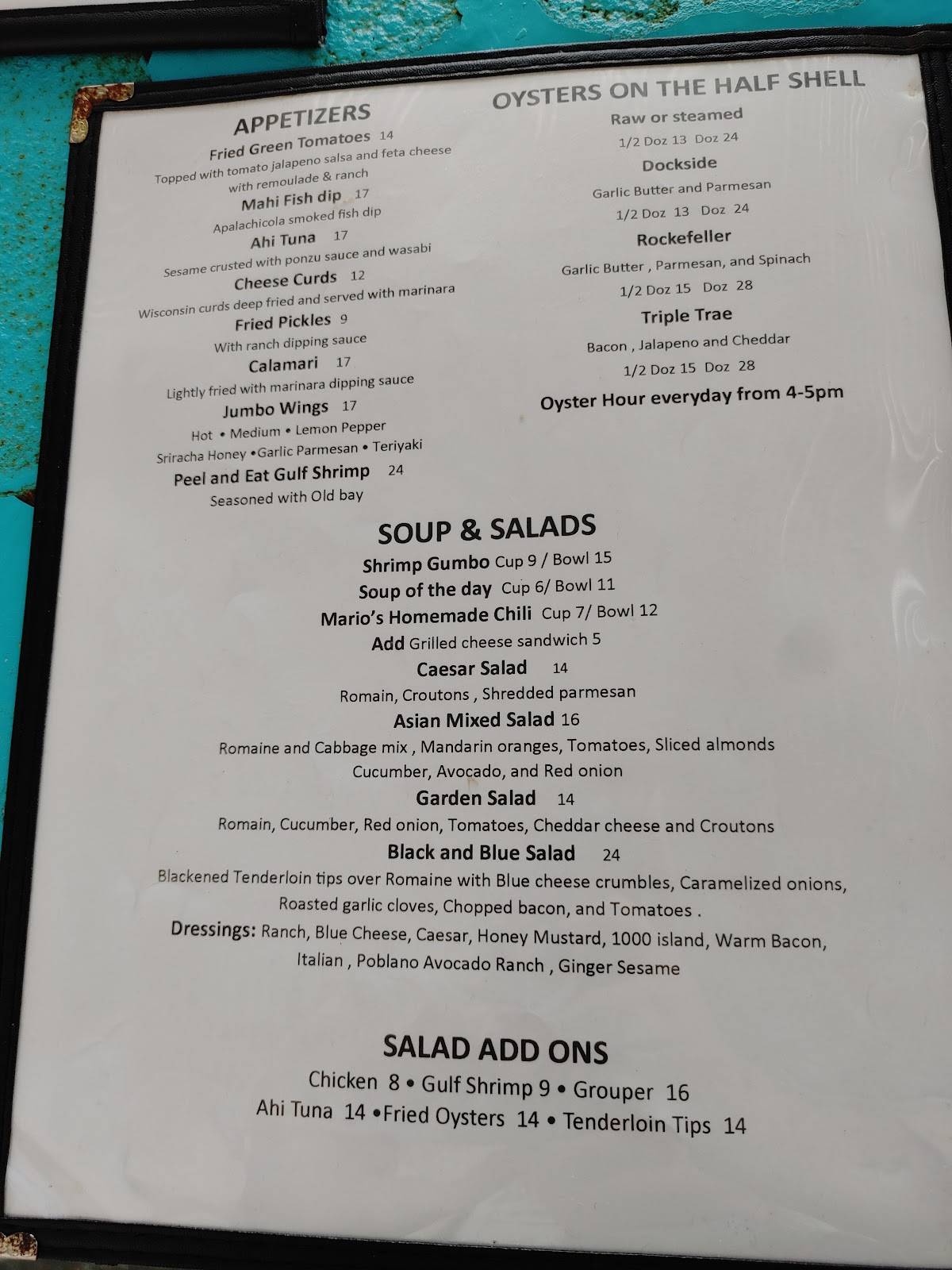 Menu at Half Shell Dockside pub & bar, Apalachicola