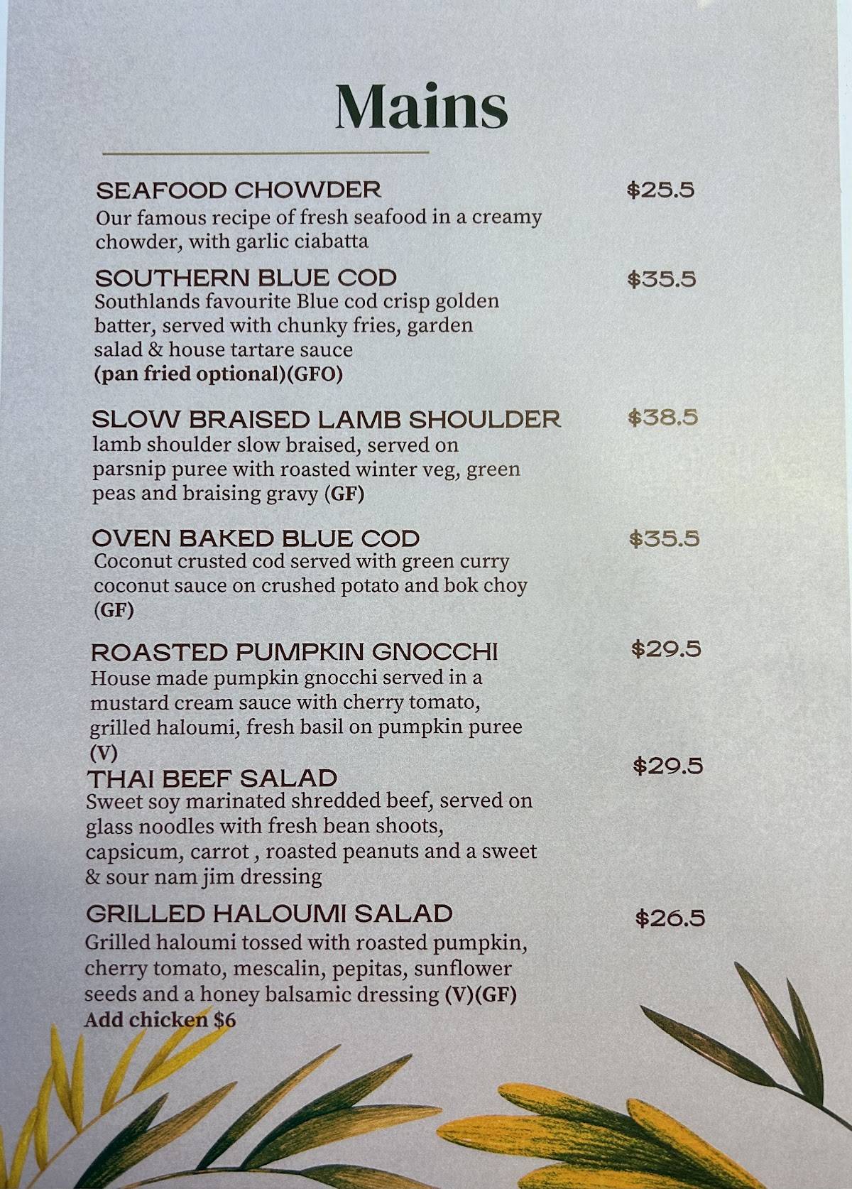 Menu at Aparima Restaurant and Bar, Riverton