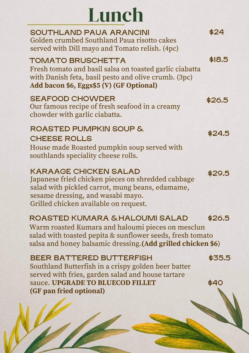 Menu at Aparima Restaurant and Bar, Riverton