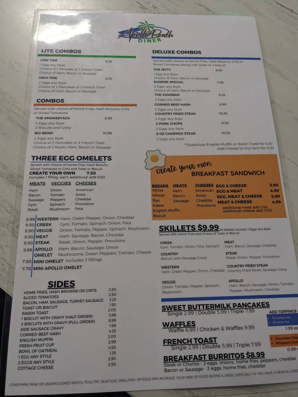 Menu at Apollo Beach Diner restaurant, Apollo Beach