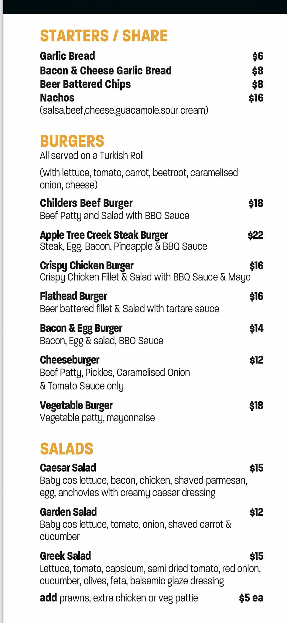 Menu at Apple Tree Creek Pub, Apple Tree Creek