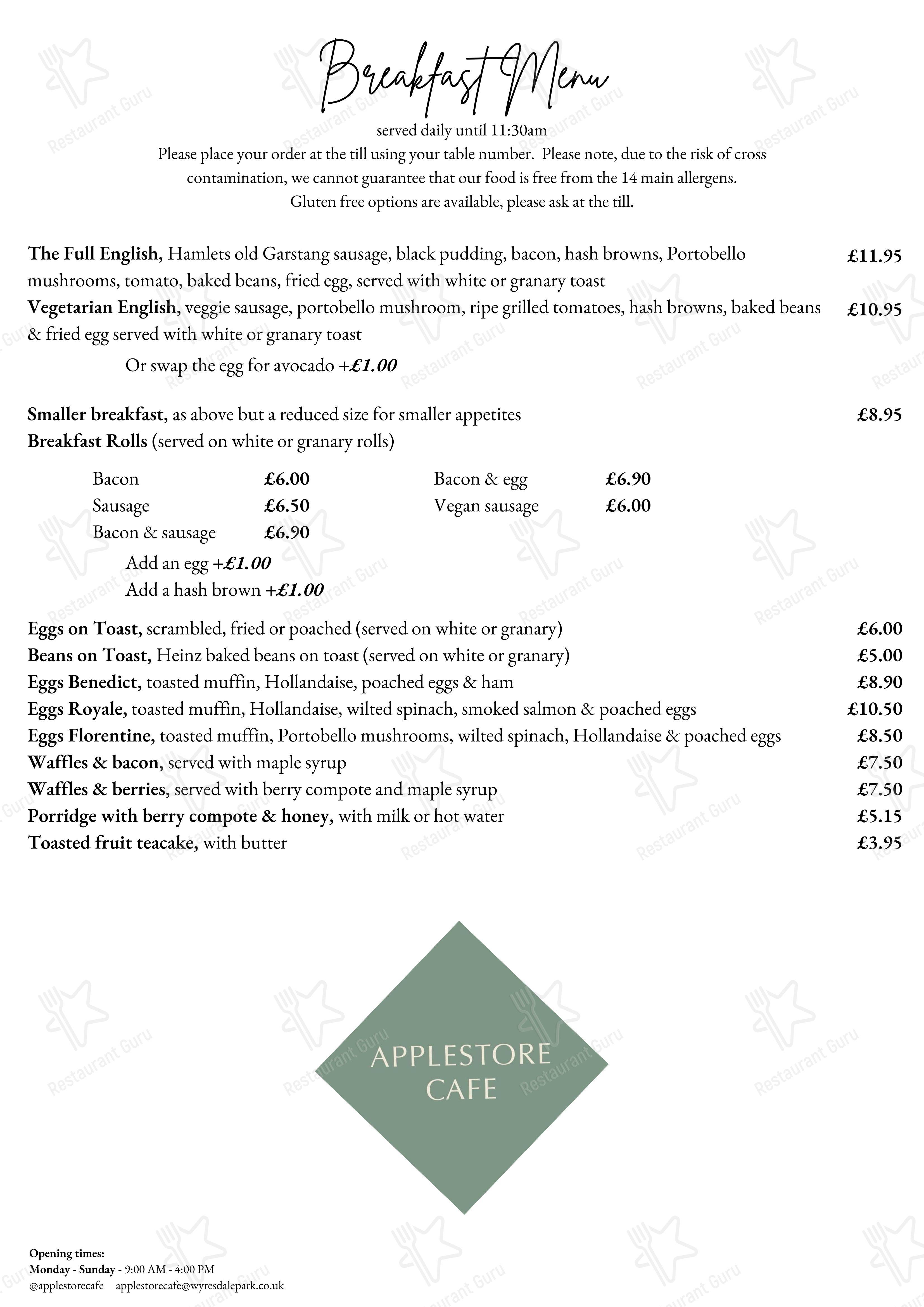 Menu at Applestore Cafe, Scorton