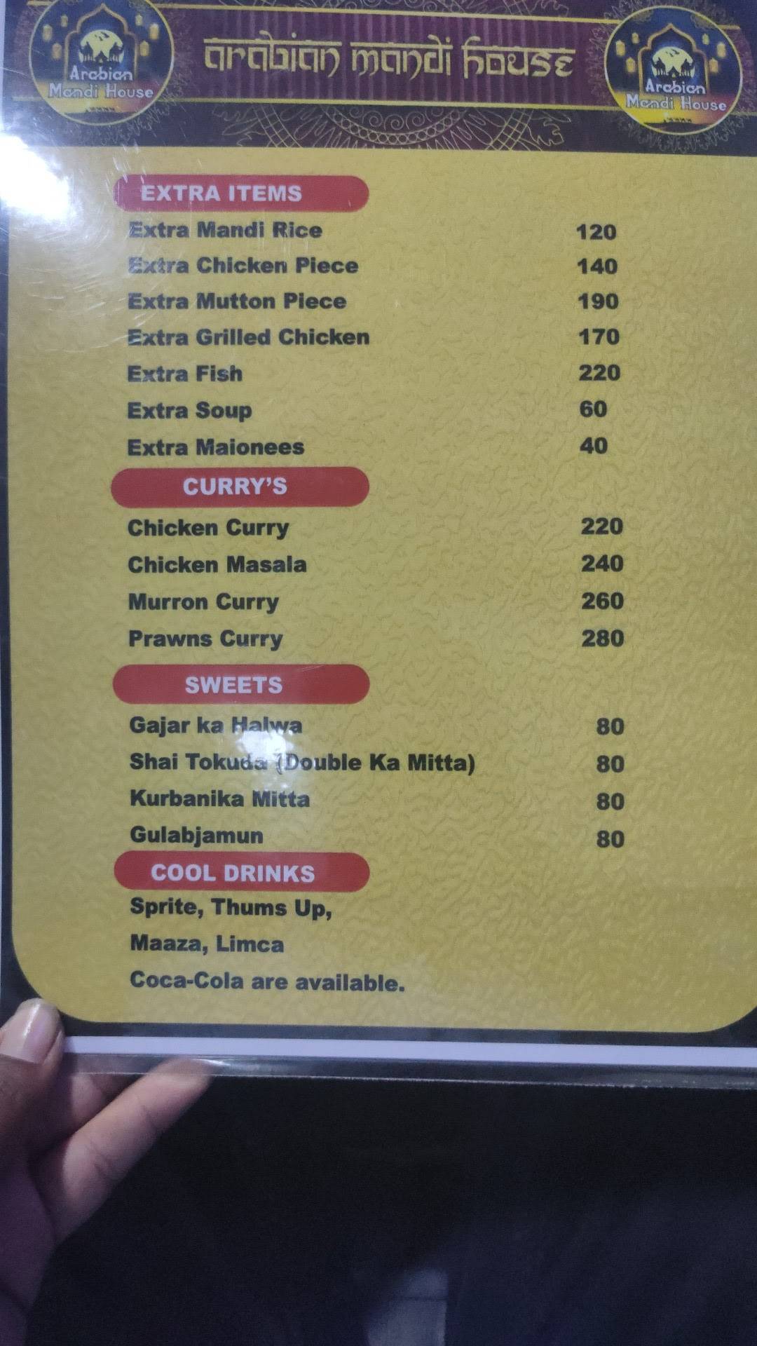 Menu at Arabian Mandi House, Nalgonda