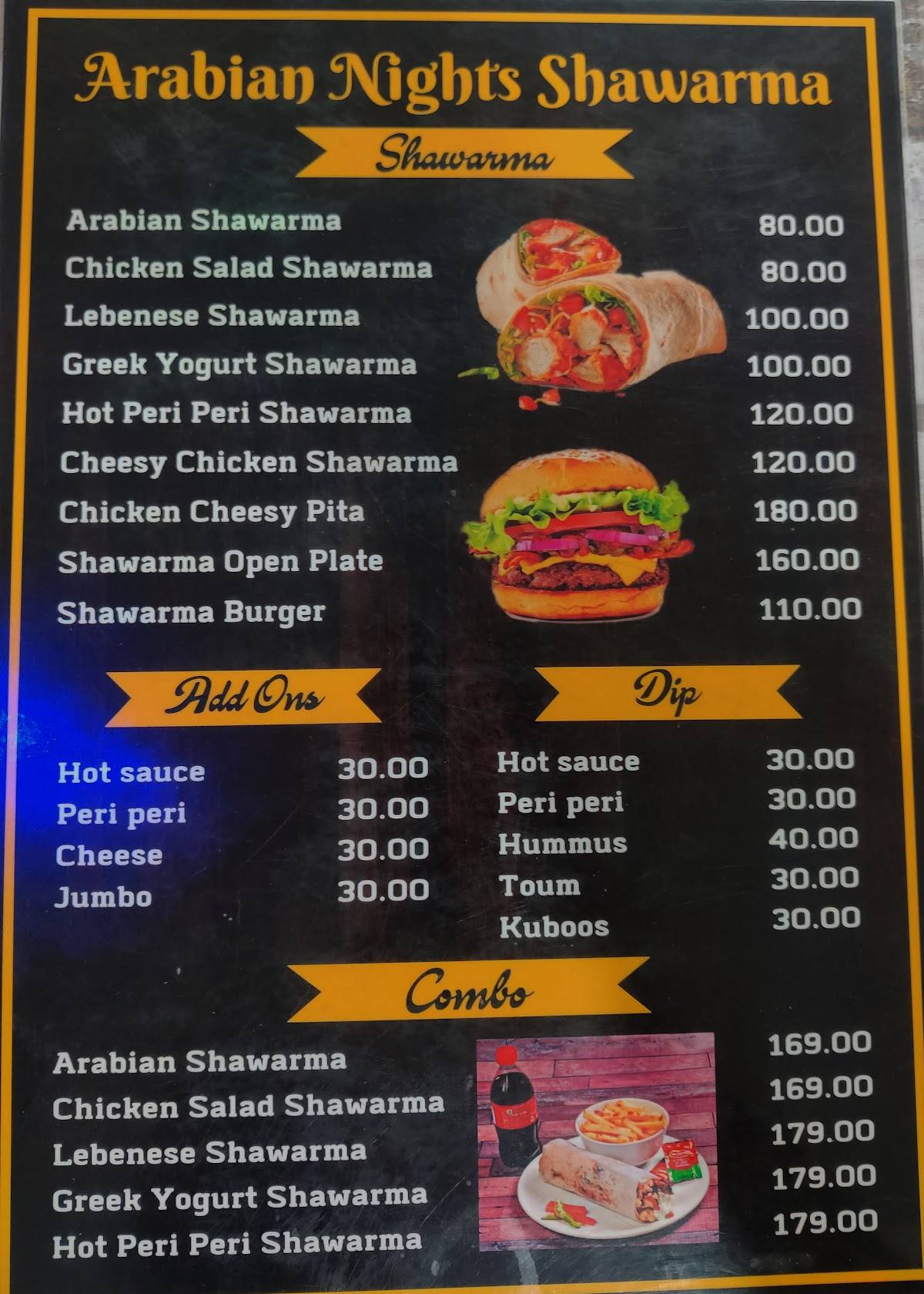 Menu at Arabian Nights Shawarma, Bengaluru