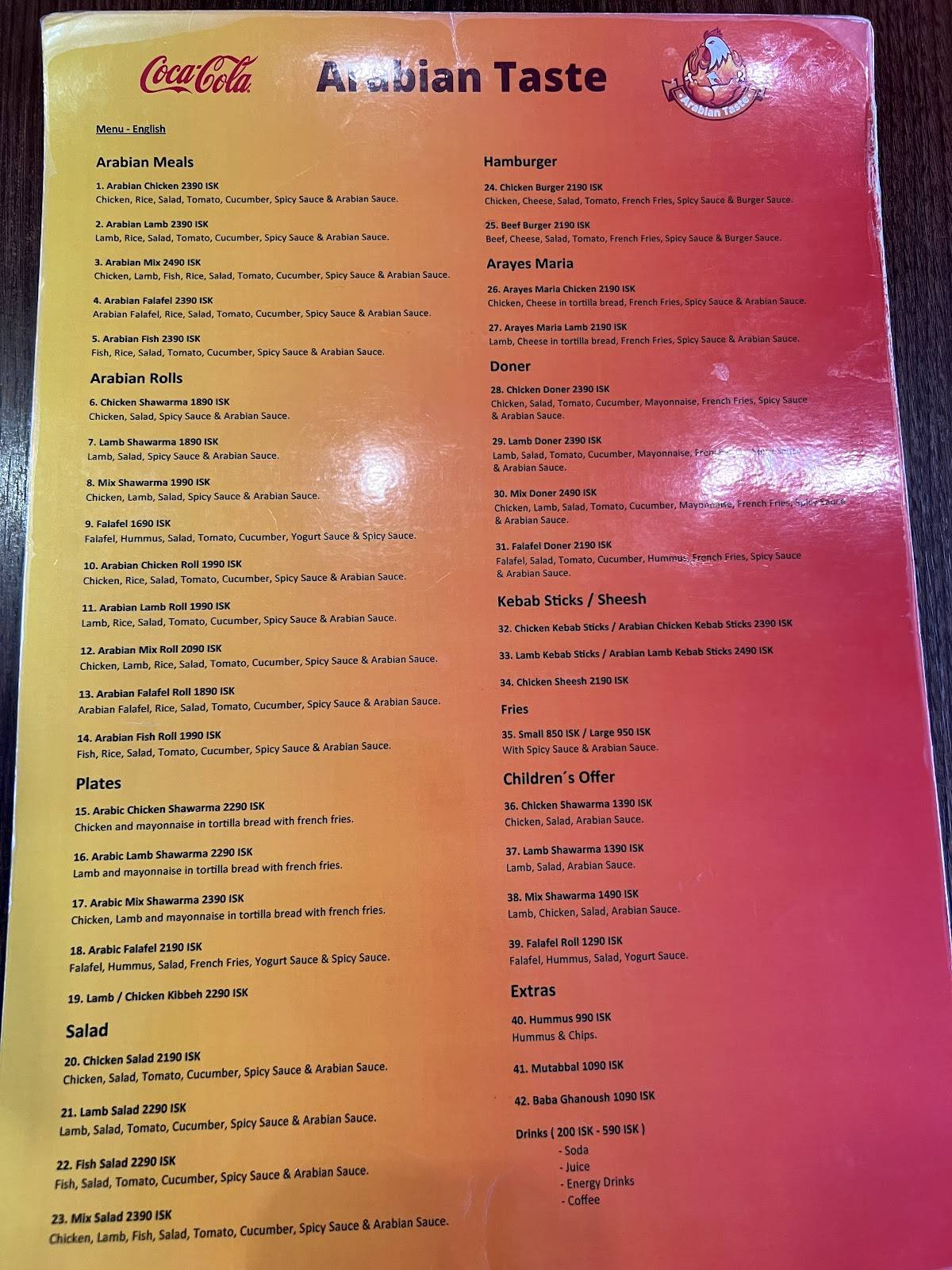 Carta del restaurante Arabian Taste, Reikiavik