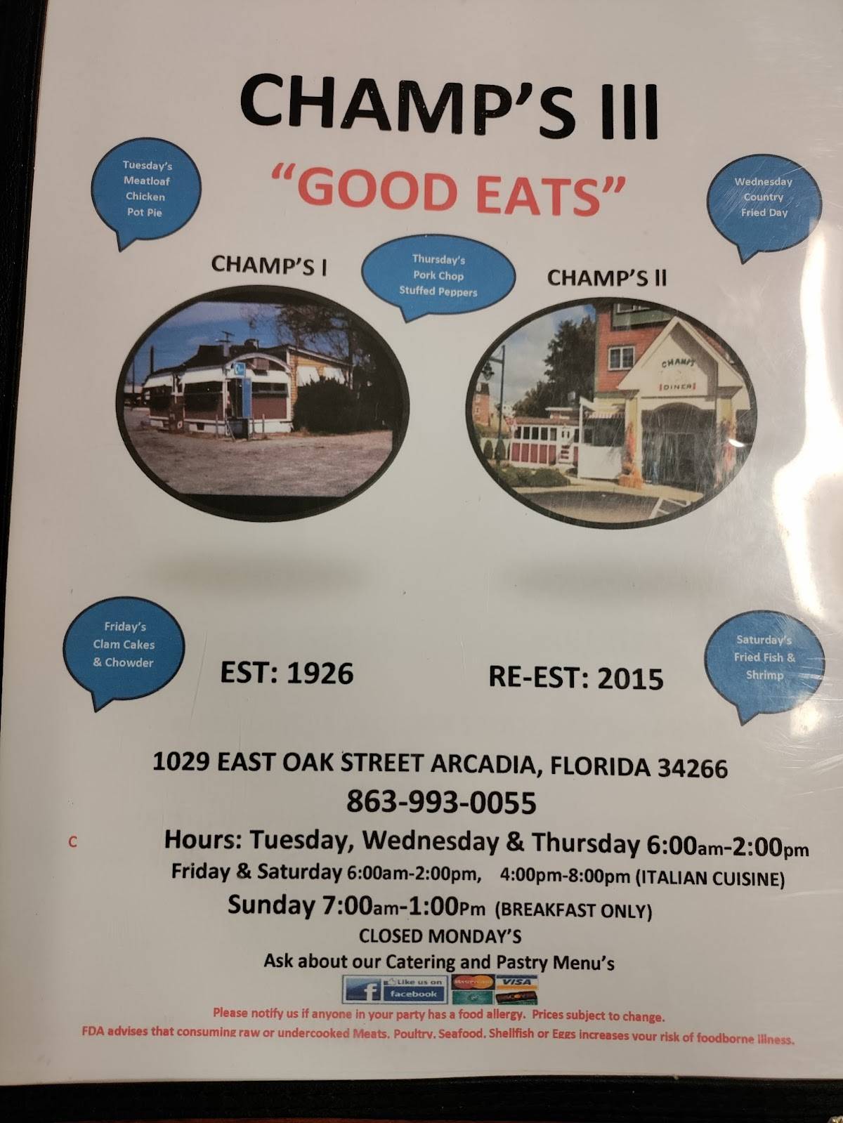 Menu at Champ's III restaurant, Arcadia