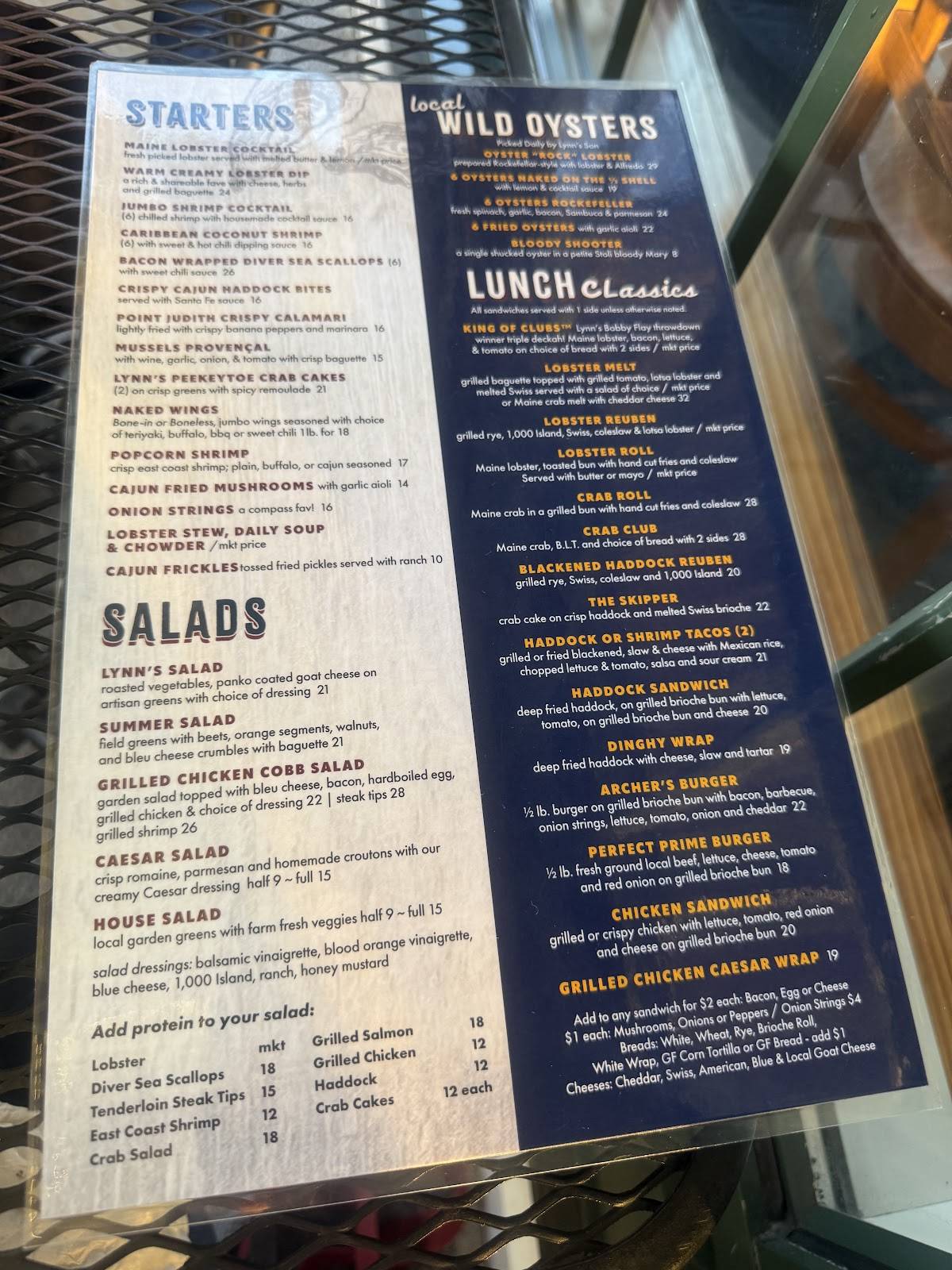 Menu at Archer’s on the Pier restaurant, Rockland