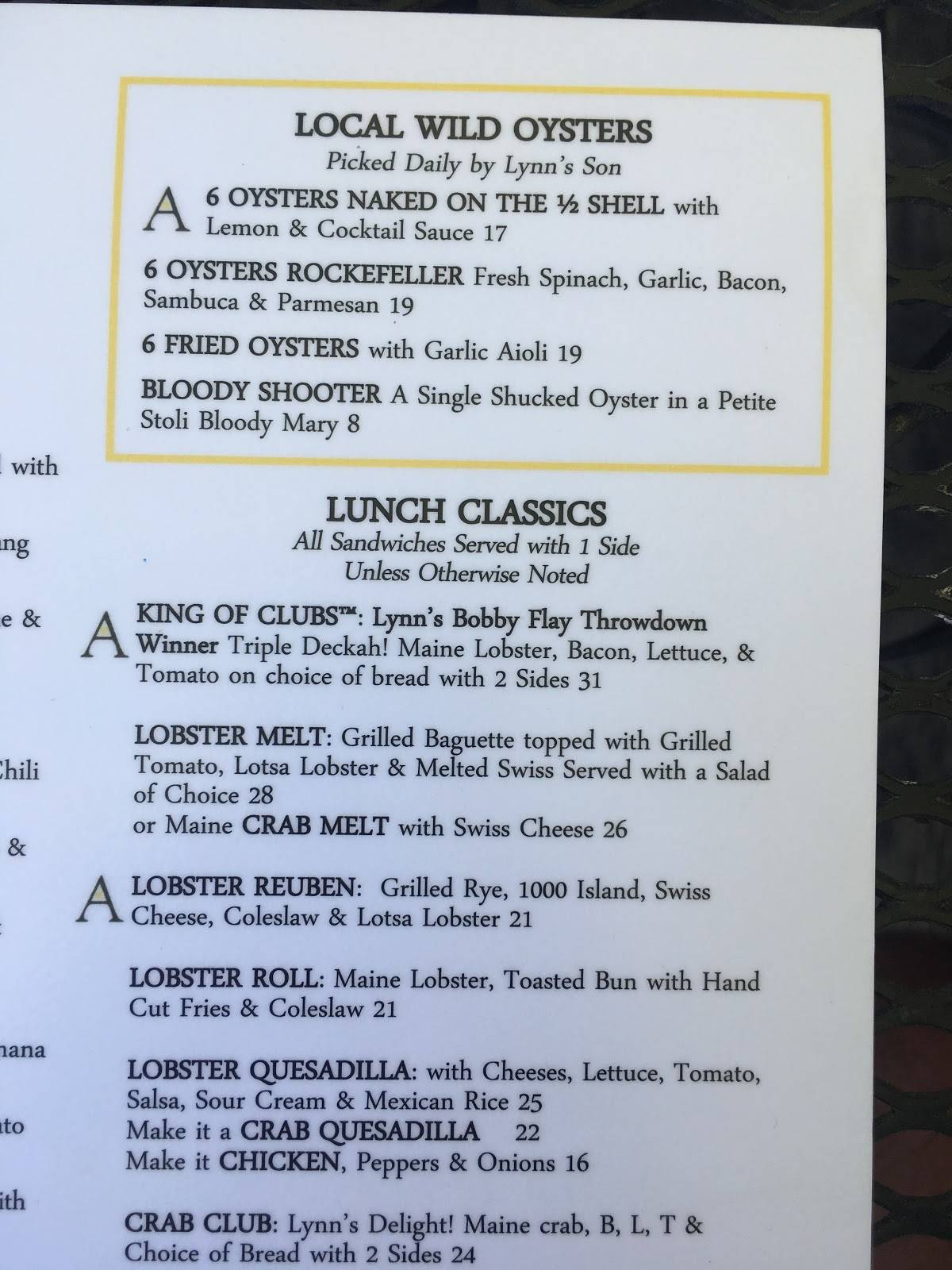 Menu at Archer’s on the Pier restaurant, Rockland