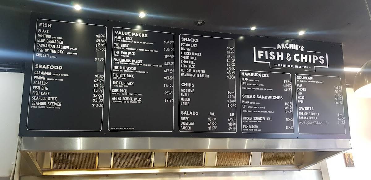 Menu at Archie's Fish And Chips restaurant, Mount Waverley