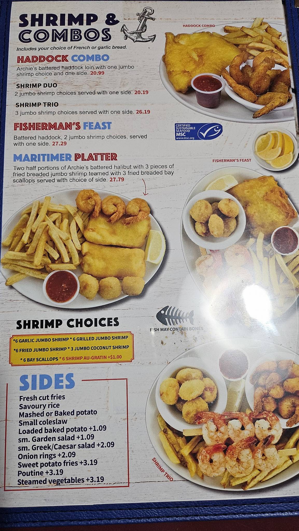 Menu at Archie's Fish & Chips restaurant, London, Huron St