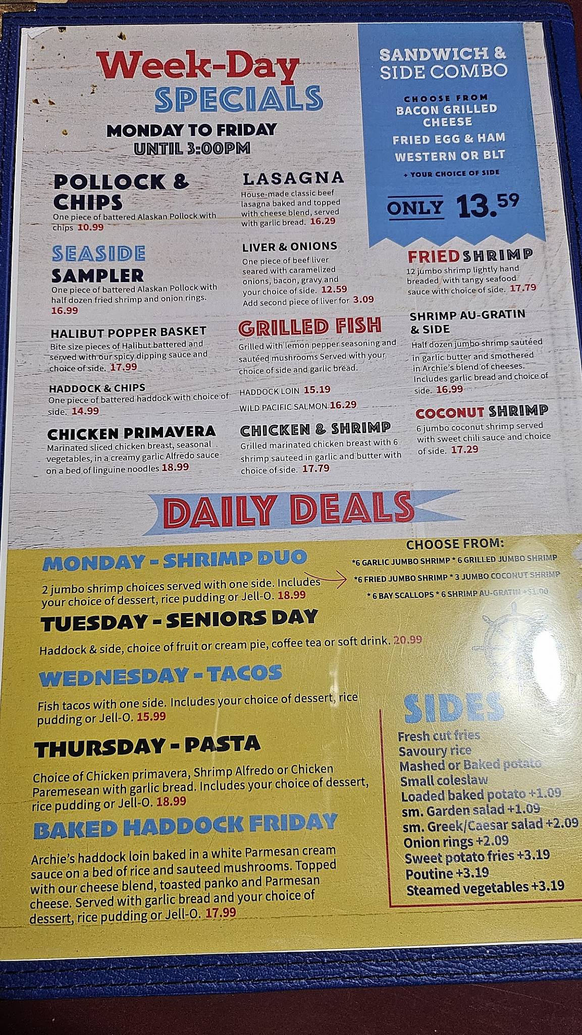 Menu at Archie's Fish & Chips restaurant, London, Huron St