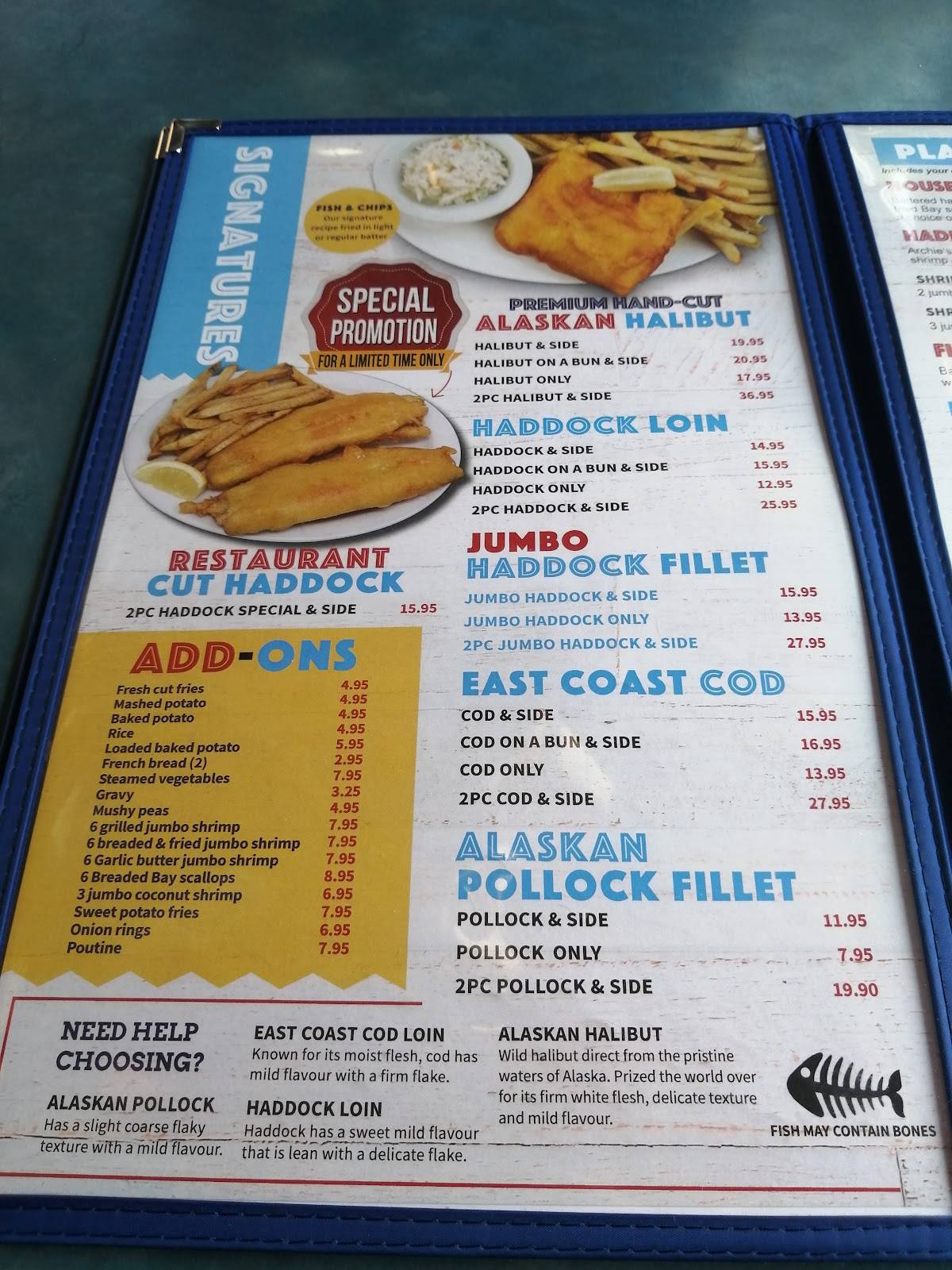 Menu at Archie's Fish & Chips restaurant, London, Huron St