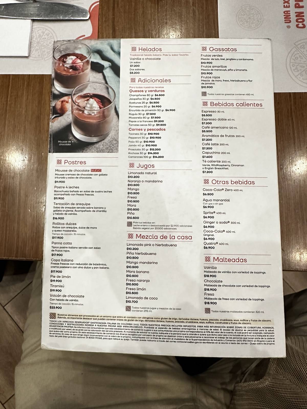 Carta del restaurante Archies, Bogotá, Ac. 26 #103-09
