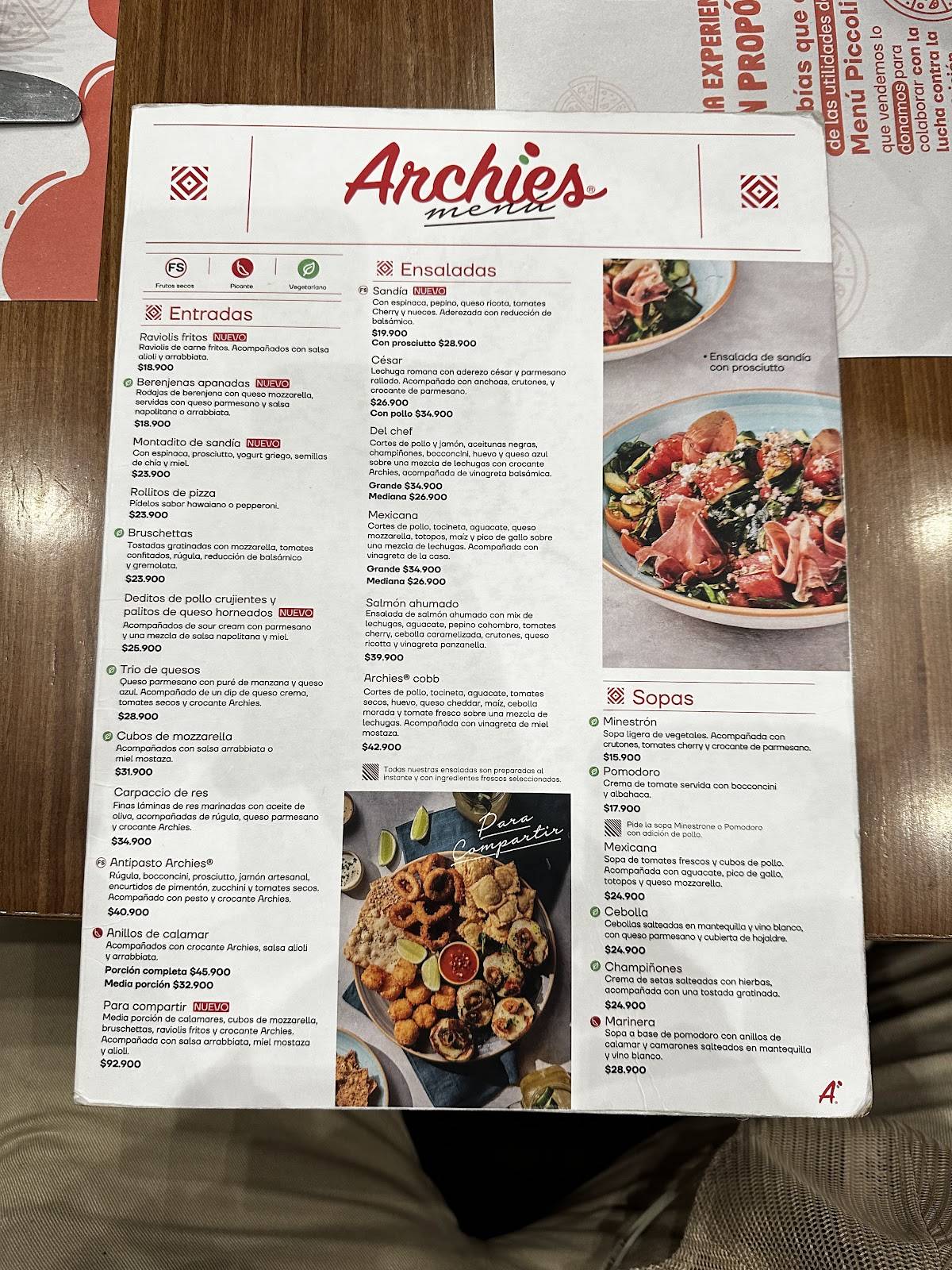 Carta del restaurante Archies, Bogotá, Ac. 26 #103-09