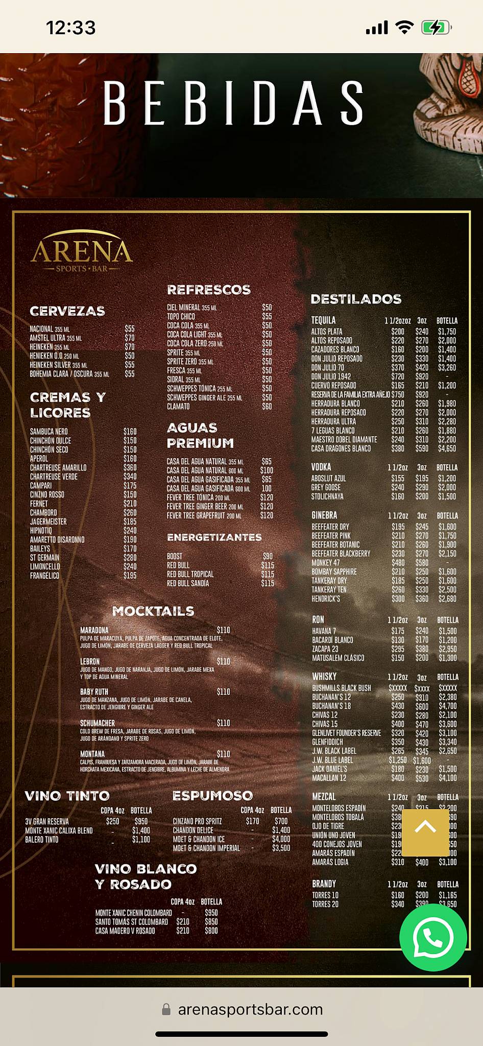 Menu at Arena Sports Bar, Mexico City
