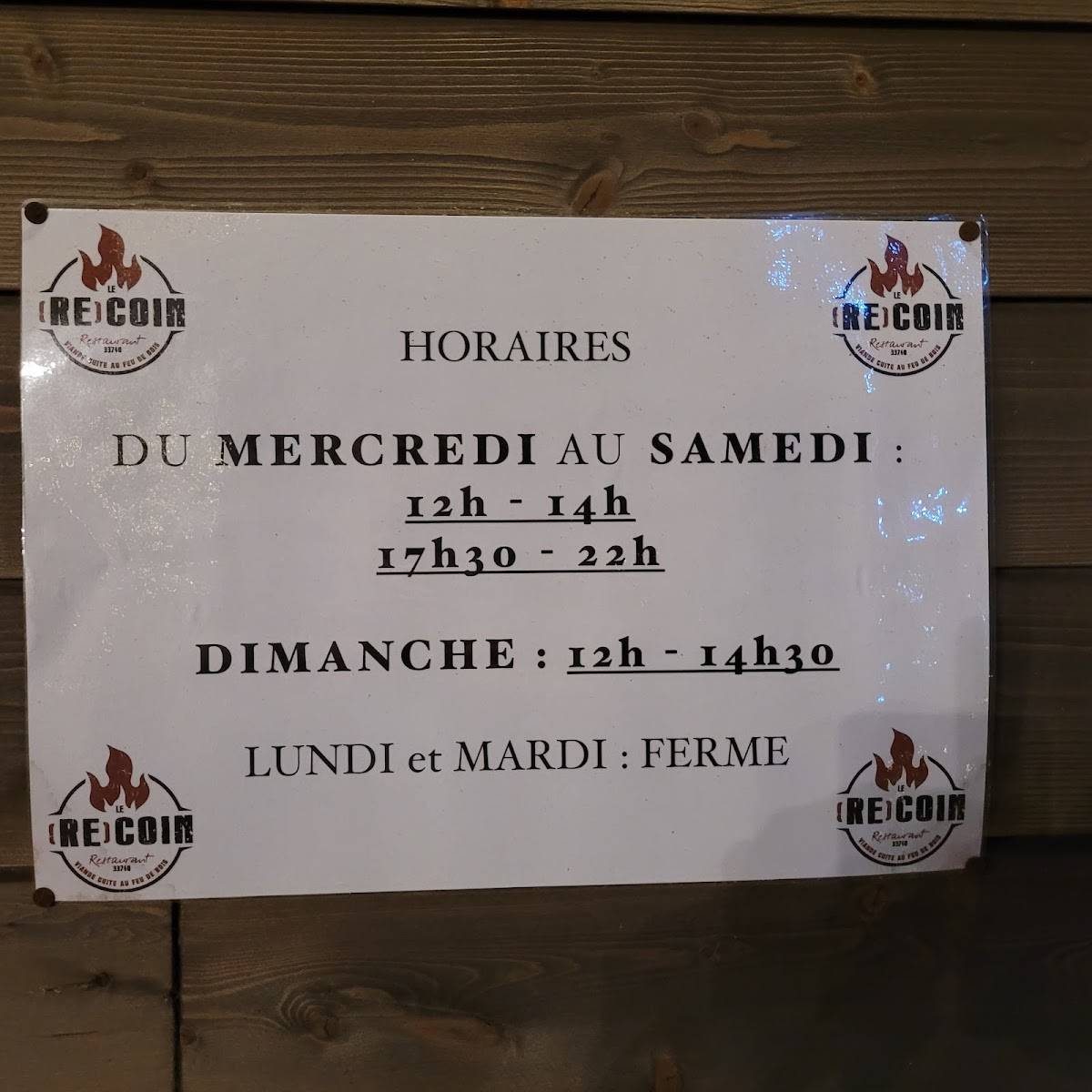 Menu at Le Recoin restaurant, Arès