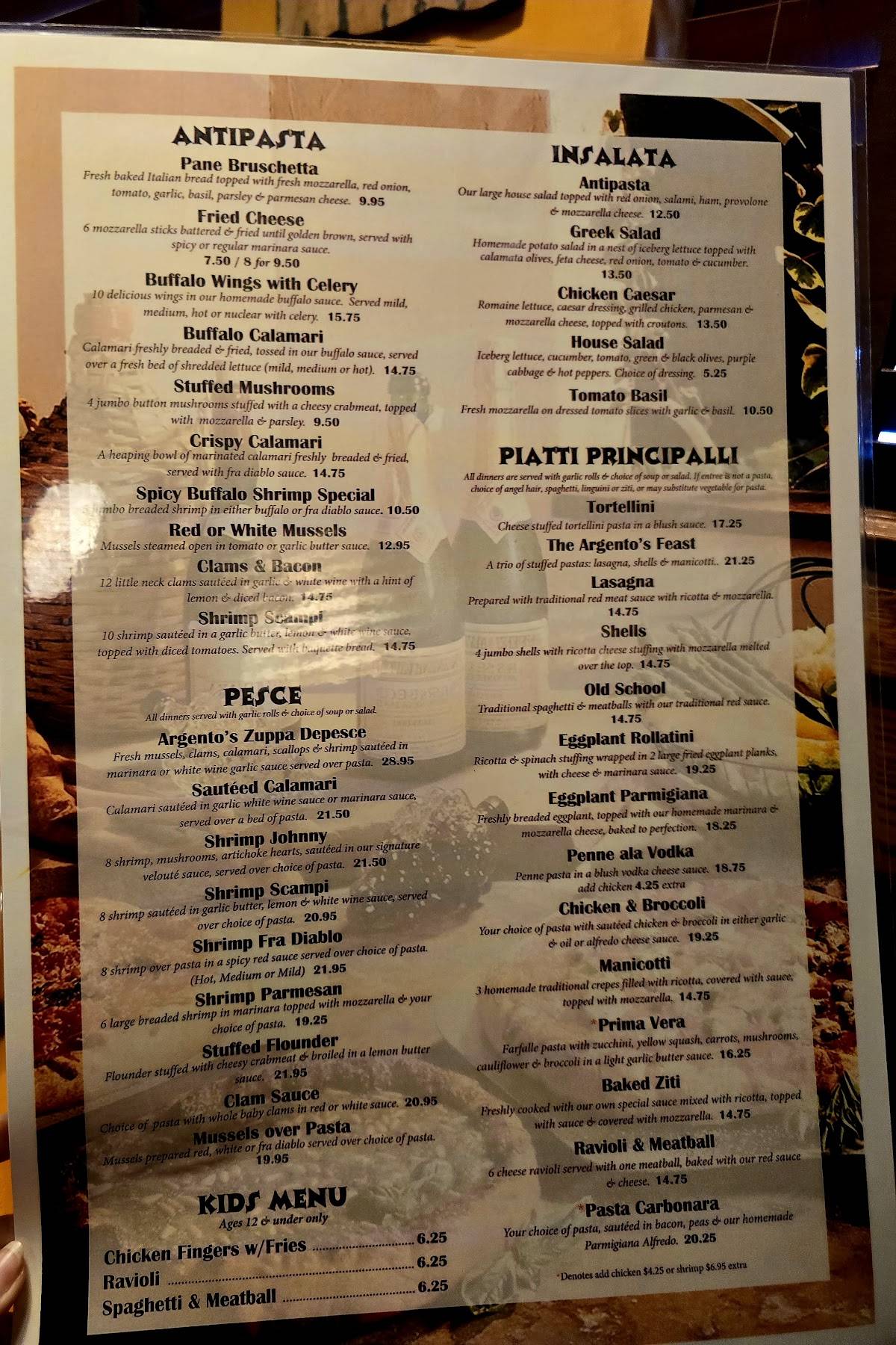 Menu at Argento's Italian Bistro pub & bar, Port Richey, US-19