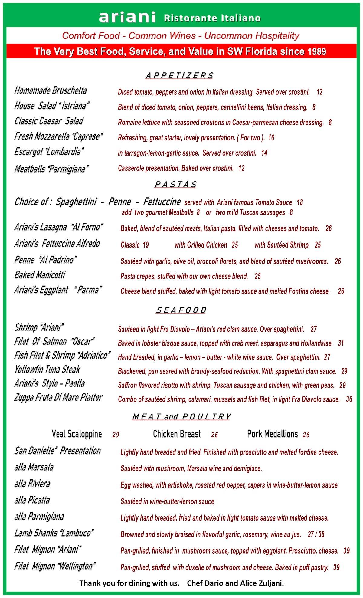 Menu at Ariani Ristorante Italiano restaurant, Cape Coral