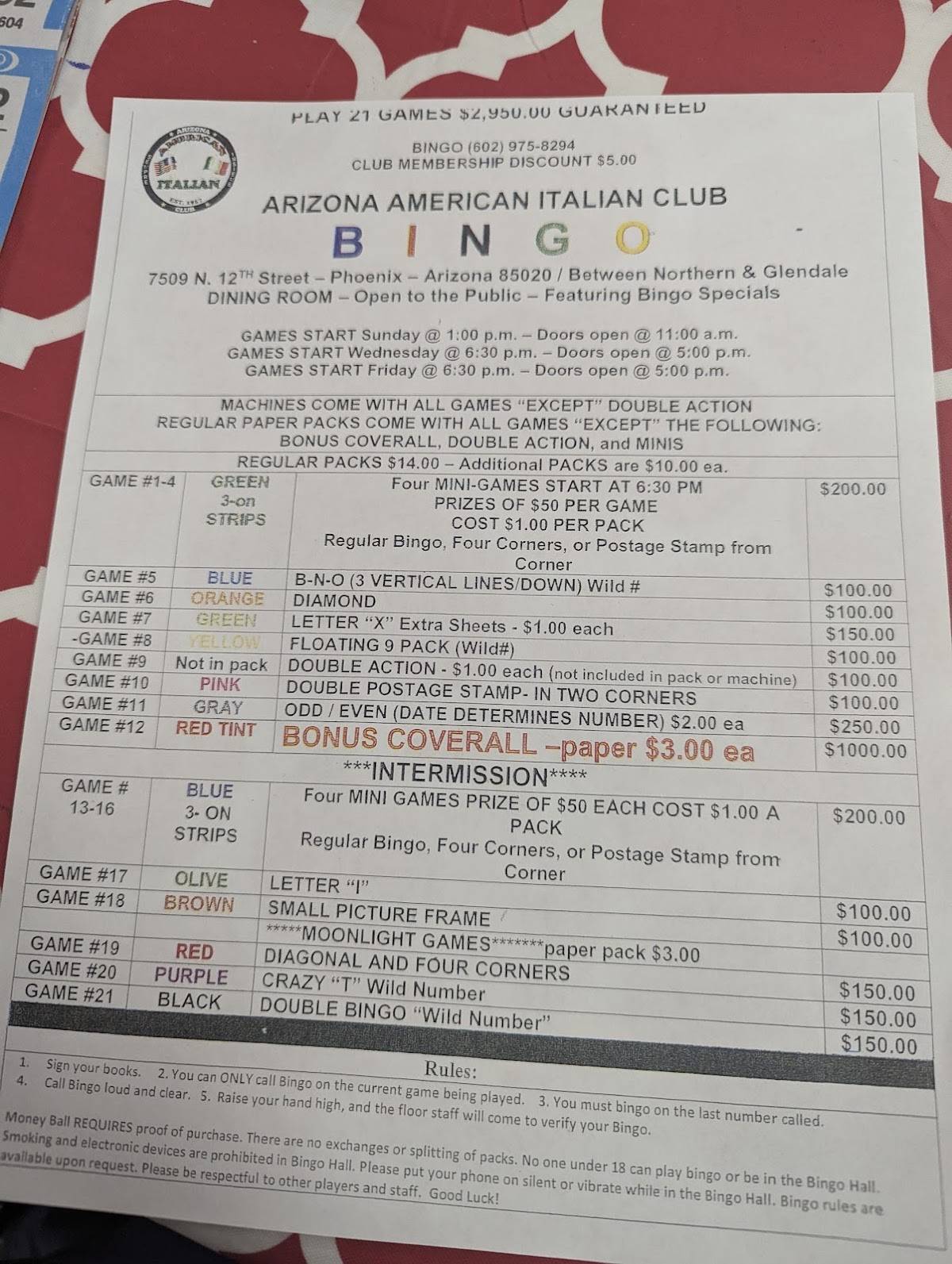 Menu at Arizona American Italian Club, Phoenix