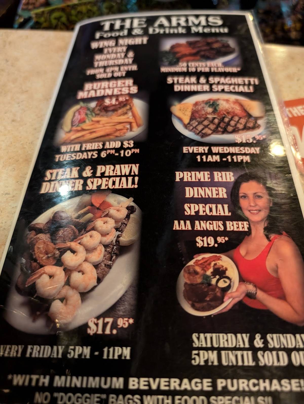 Menu at Arms Pub, Port Coquitlam