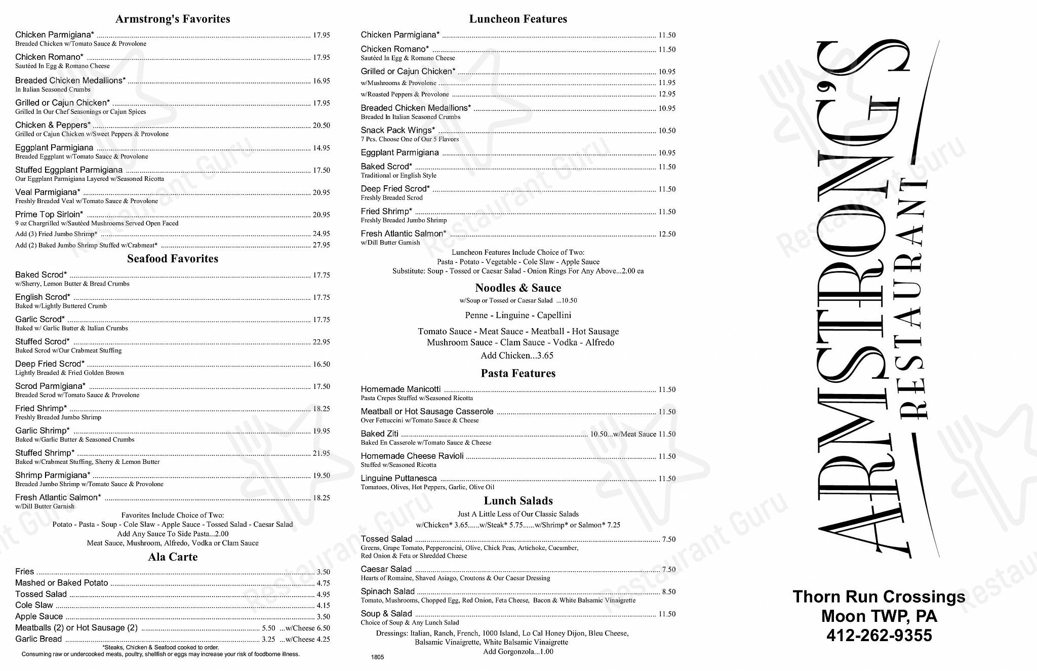 Menu at Armstrong's restaurant, Pittsburgh