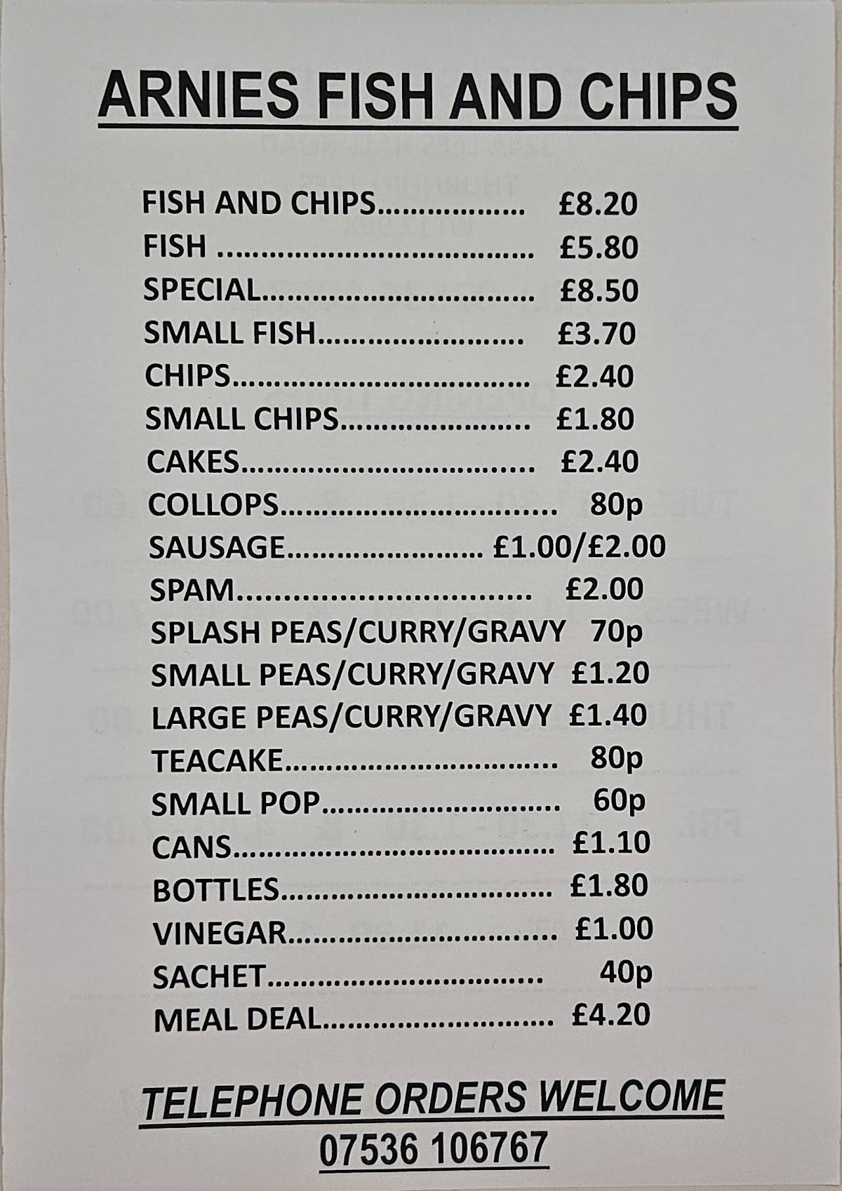 Menu at Arnies Fish and Chips restaurant, Dewsbury