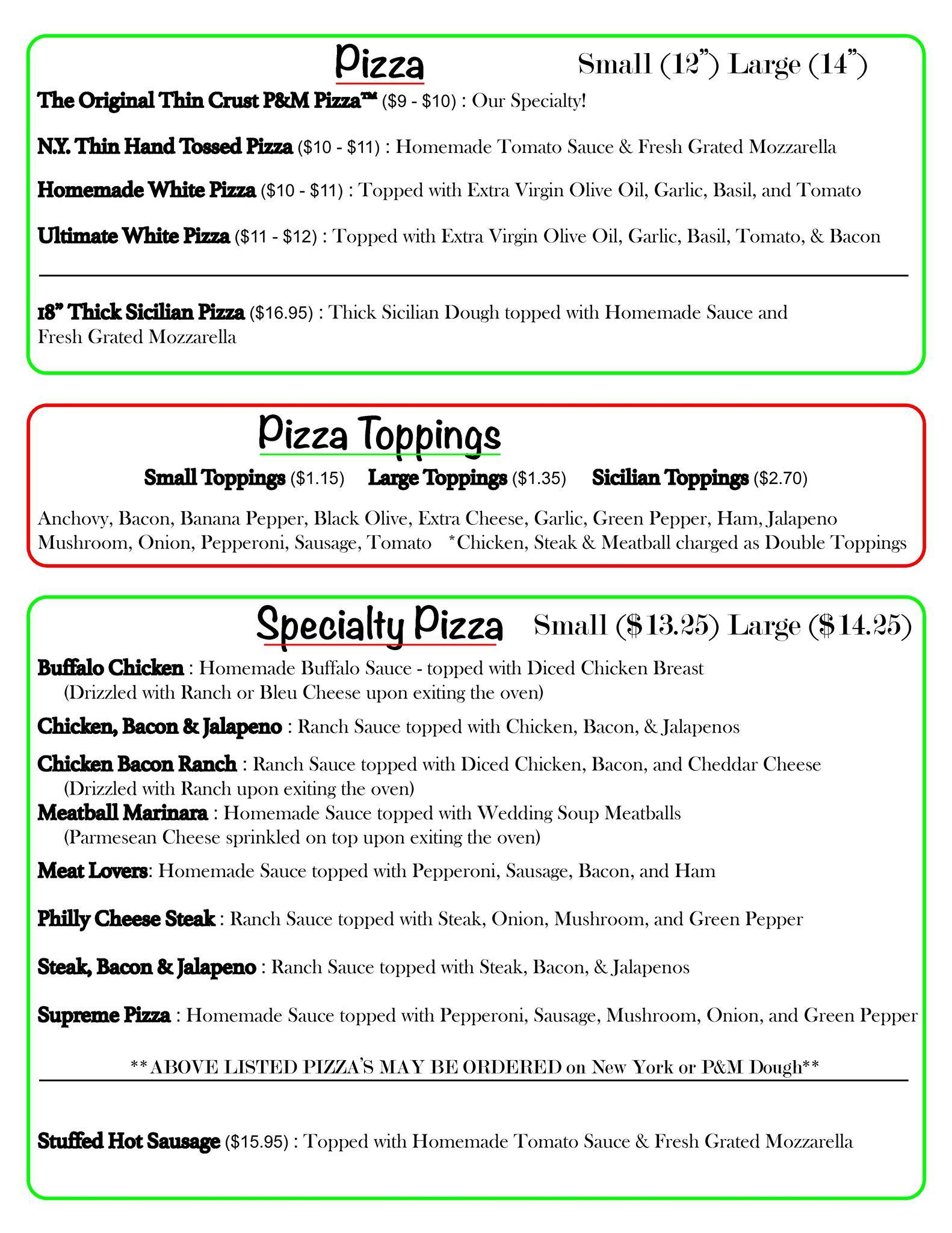 Menu at P&M Pizza pizzeria, Arnold
