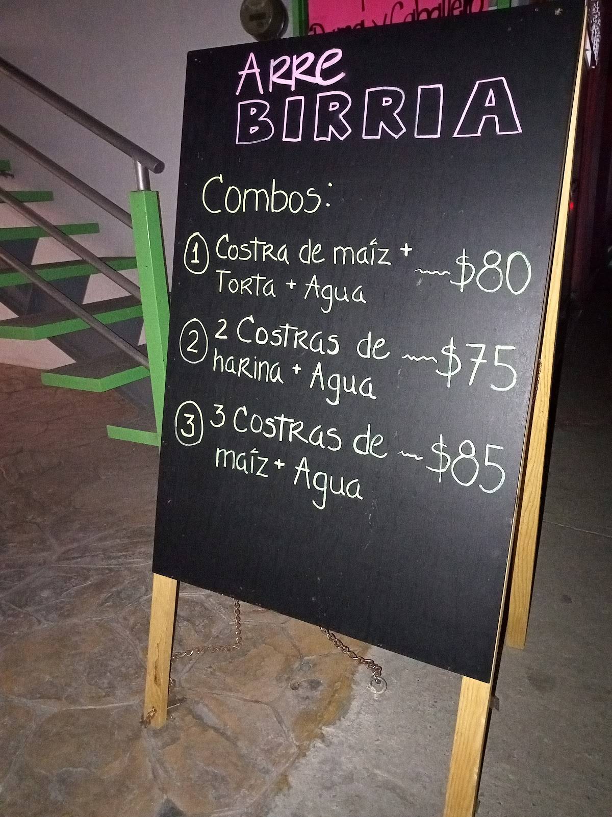Menu at Arre Birria restaurant, Pachuca
