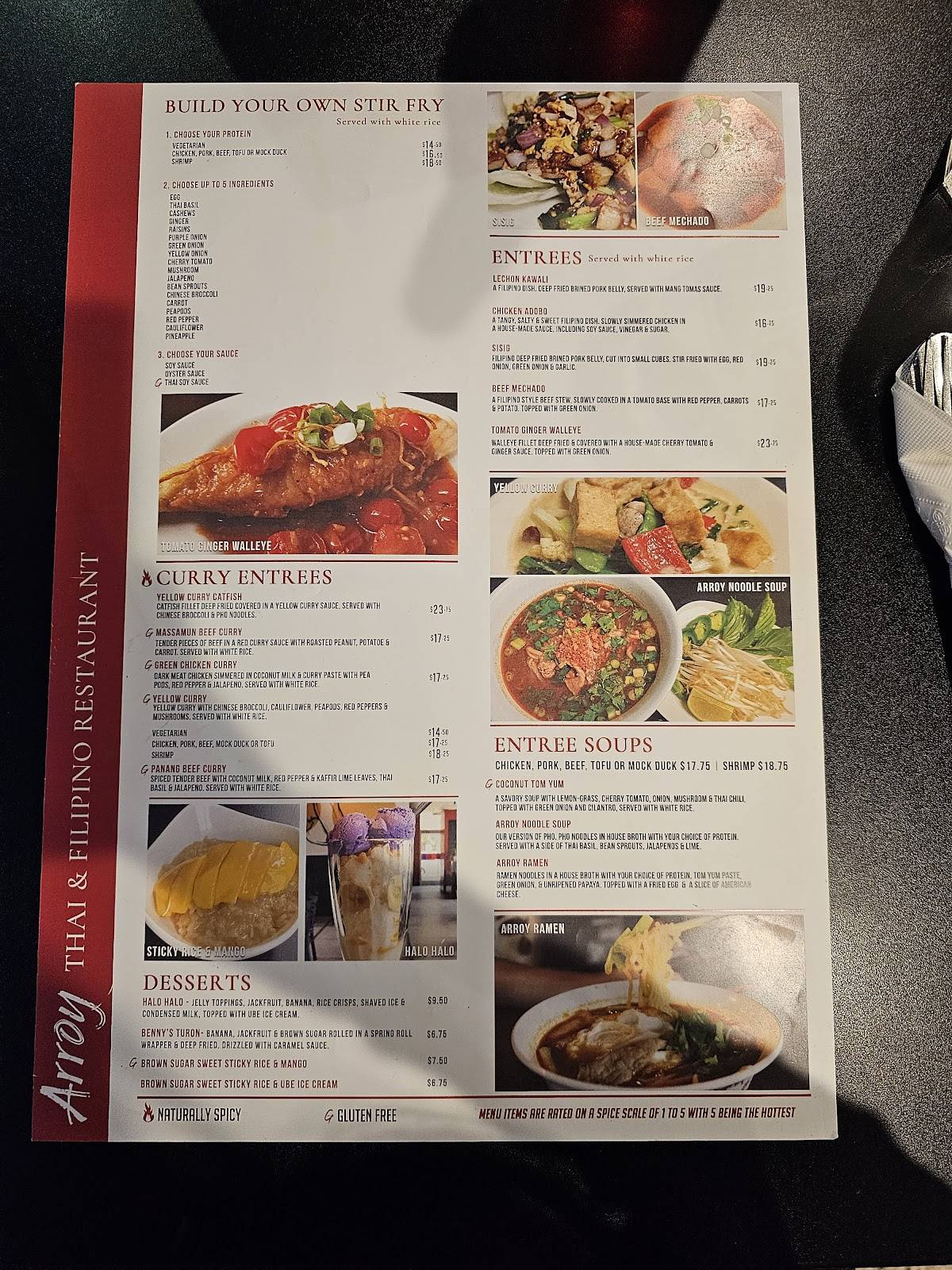 Carta de Arroy Thai & Filipino Restaurant, Saint Cloud