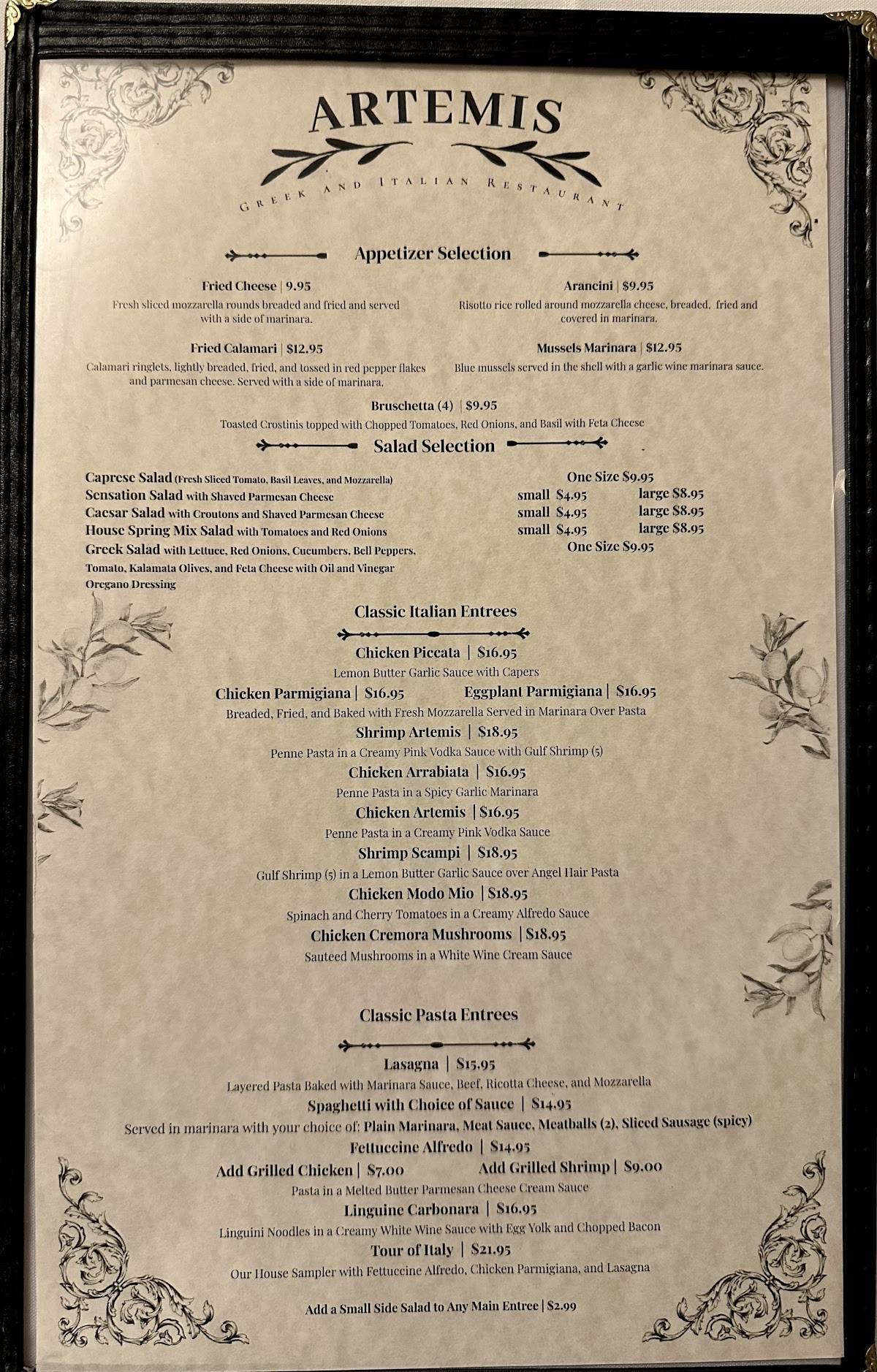 Menu at Artemis Greek Italian Restaurant, Thibodaux