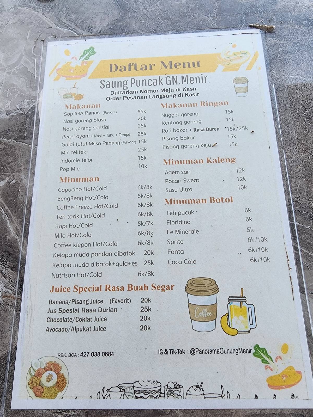 Menu at Aruna Coffee Gunung Menir, Indonesia