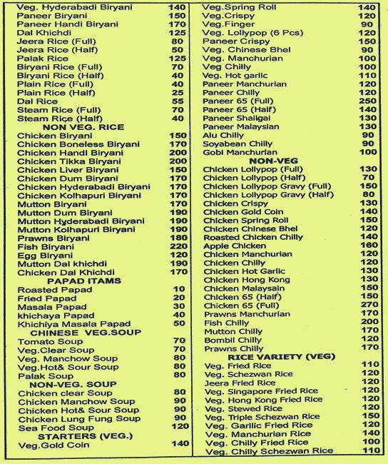 Menu at Asha Restaurant & Bar, Mumbai, New Prabhadevi Marg Dhar Mill Naka