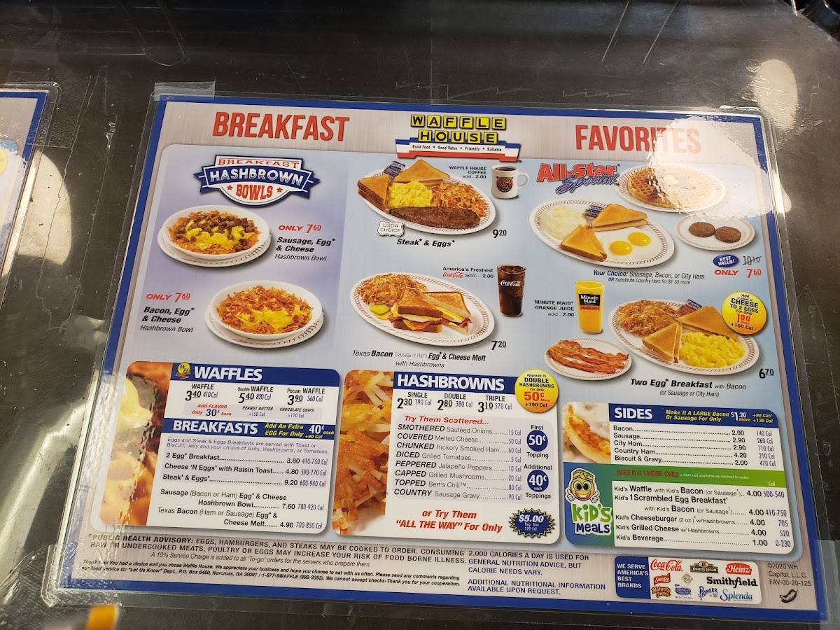 Menu at Waffle House restaurant, Asheville, 210 Smokey Park Hwy