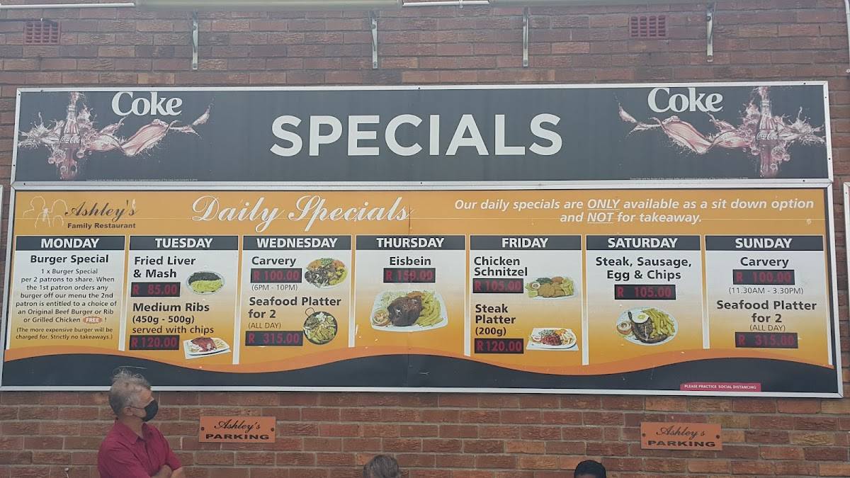 Menu at Ashley's Family Restaurant, Cape Town, 123 Voortrekker Rd