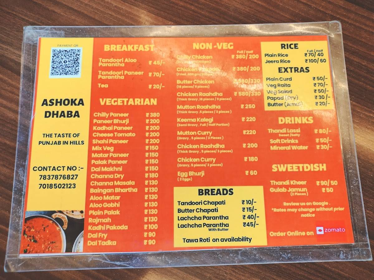 Menu at Ashoka Dhaba, Mandi