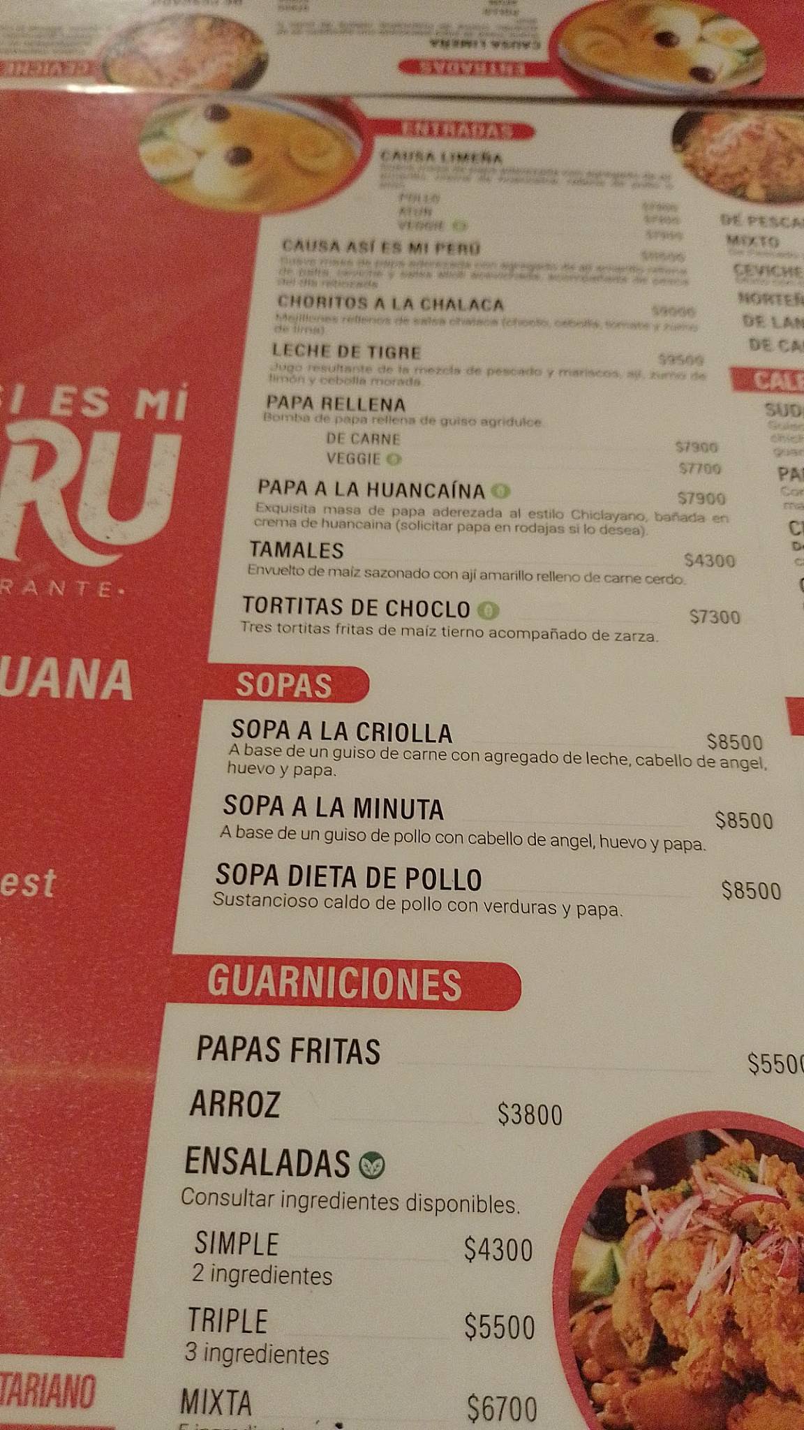 Carta del restaurante Así es Mi Perú, La Plata