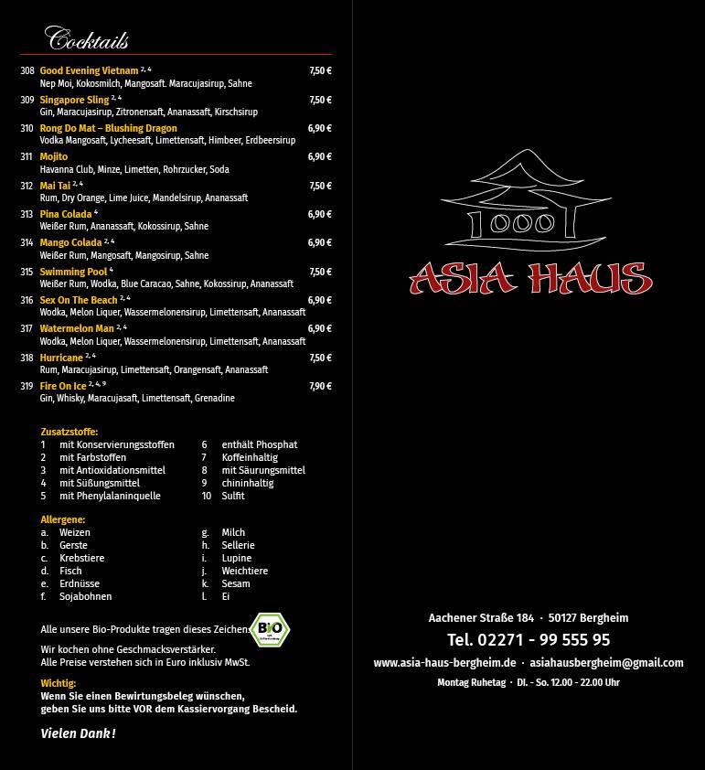 Menu au Asia Haus Bergheim restaurant, Bergheim