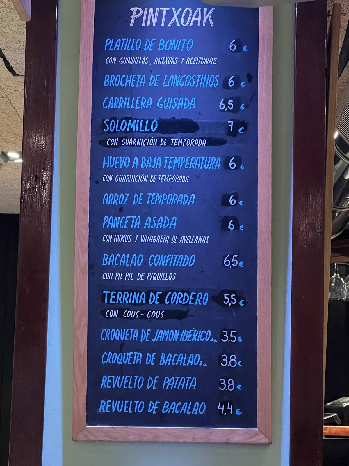 Menu at Atari Gastrolekua pub & bar, San Sebastián