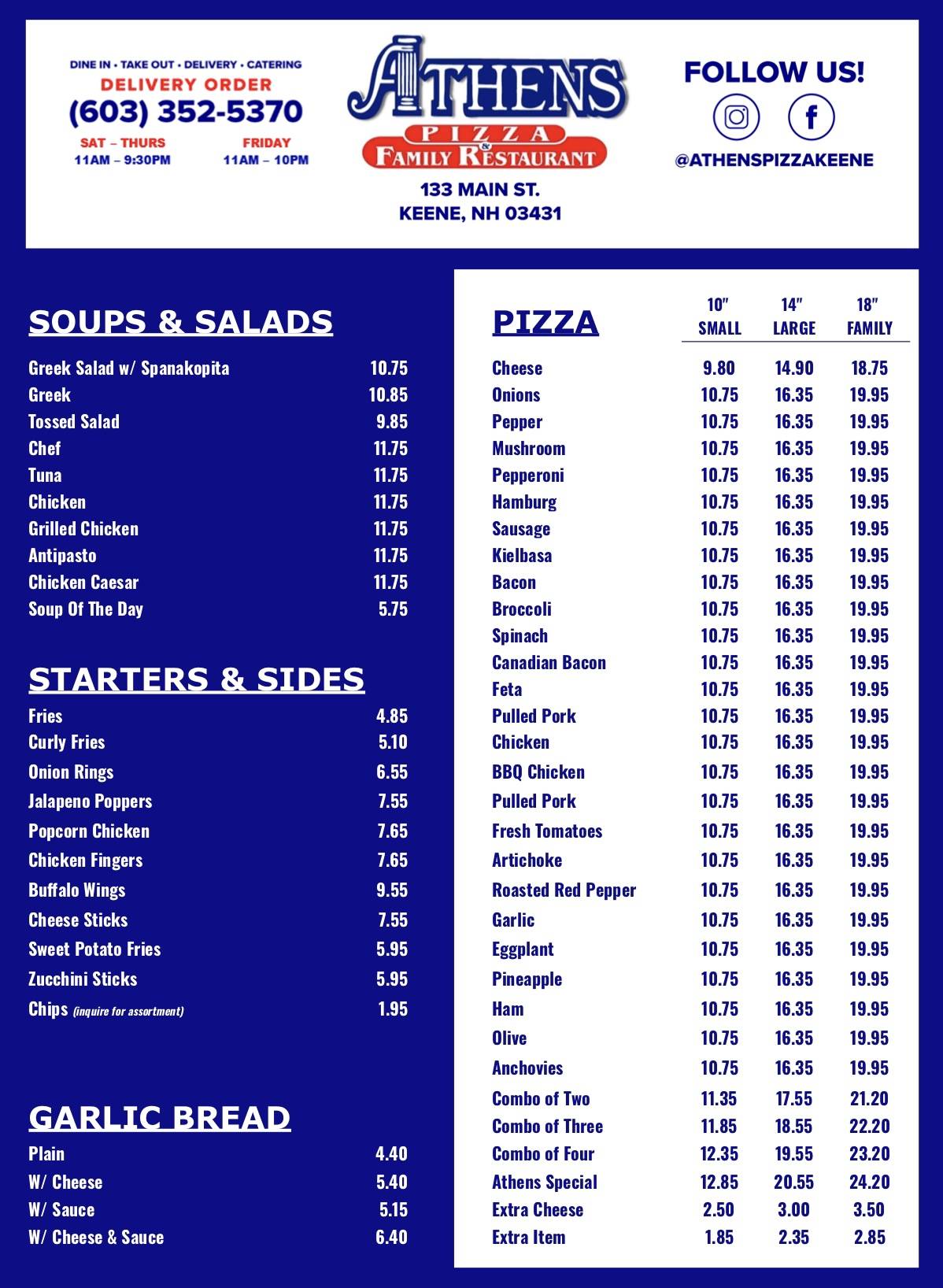 Menu at Athens Pizza & Family Restaurant, Keene