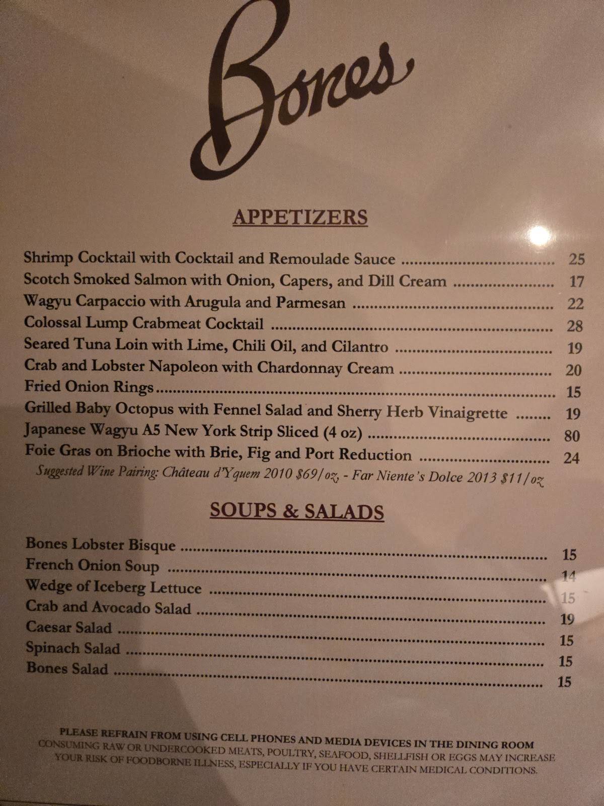 Menu at Bones Restaurant, Atlanta