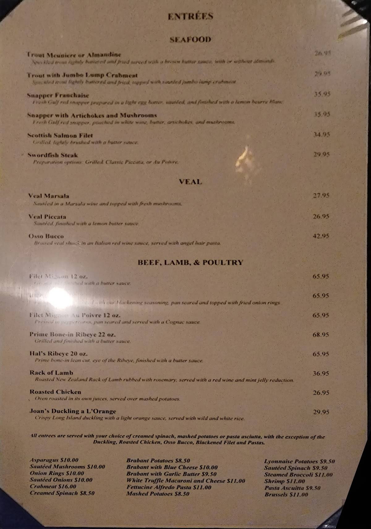 Menu at Hal's "The Steakhouse", Atlanta