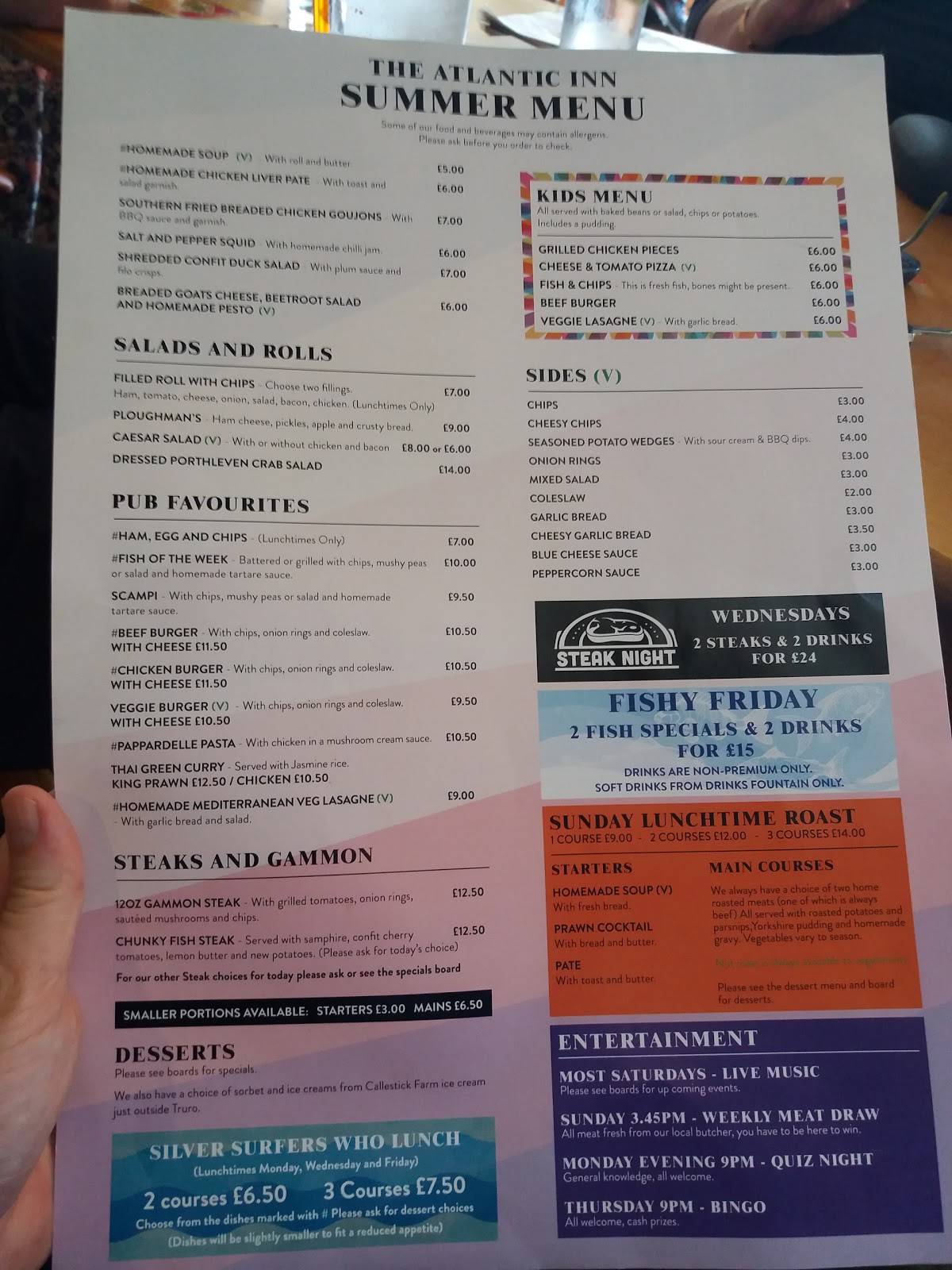 Menu at Atlantic Inn Porthleven pub & bar, Porthleven, Peverell Terrace