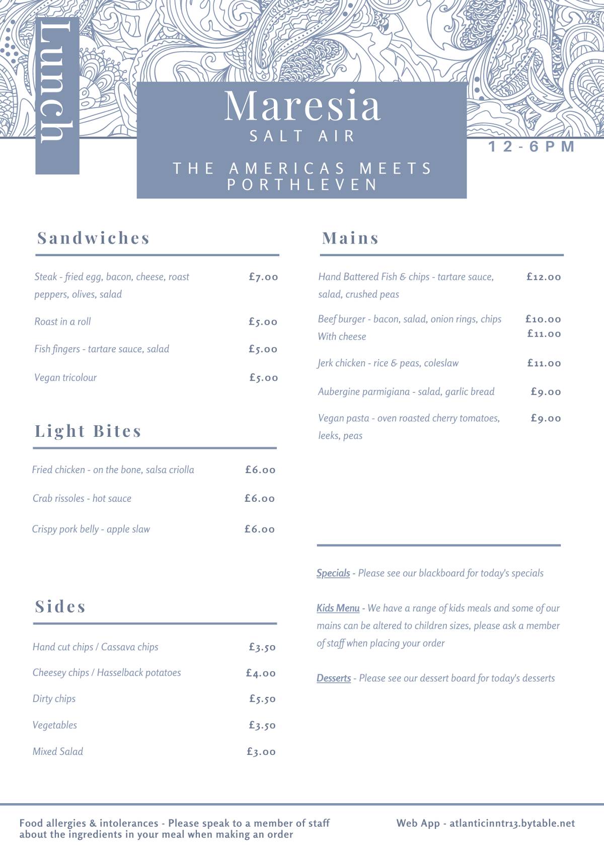 Menu at Atlantic Inn Porthleven pub & bar, Porthleven, Peverell Terrace