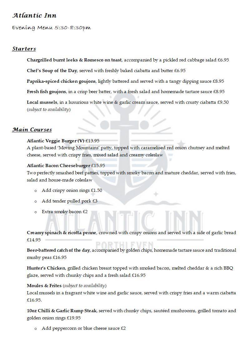 Menu at Atlantic Inn Porthleven pub & bar, Porthleven, Peverell Terrace