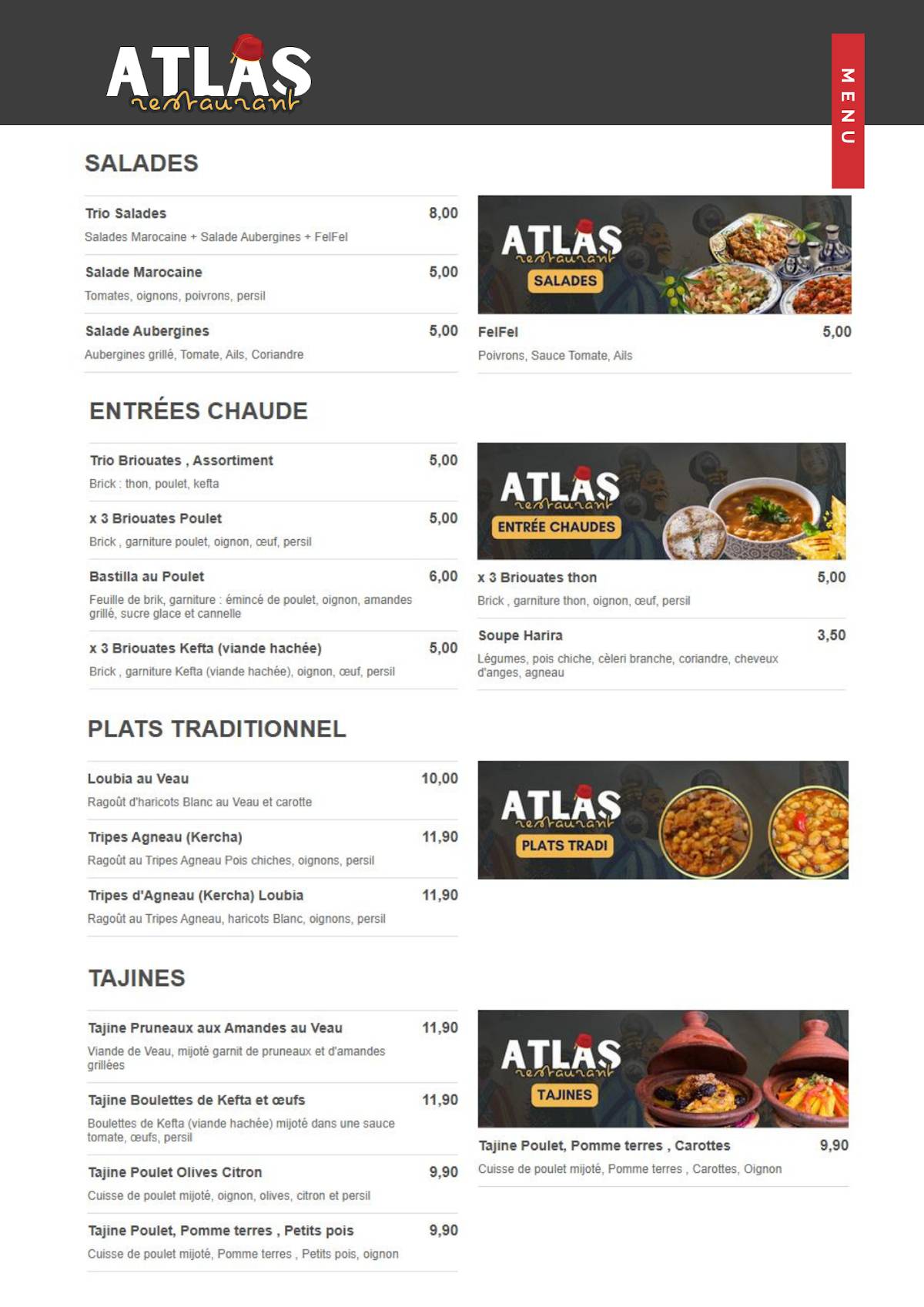 Menu au Atlas Restaurant Marocain, Saint-Denis