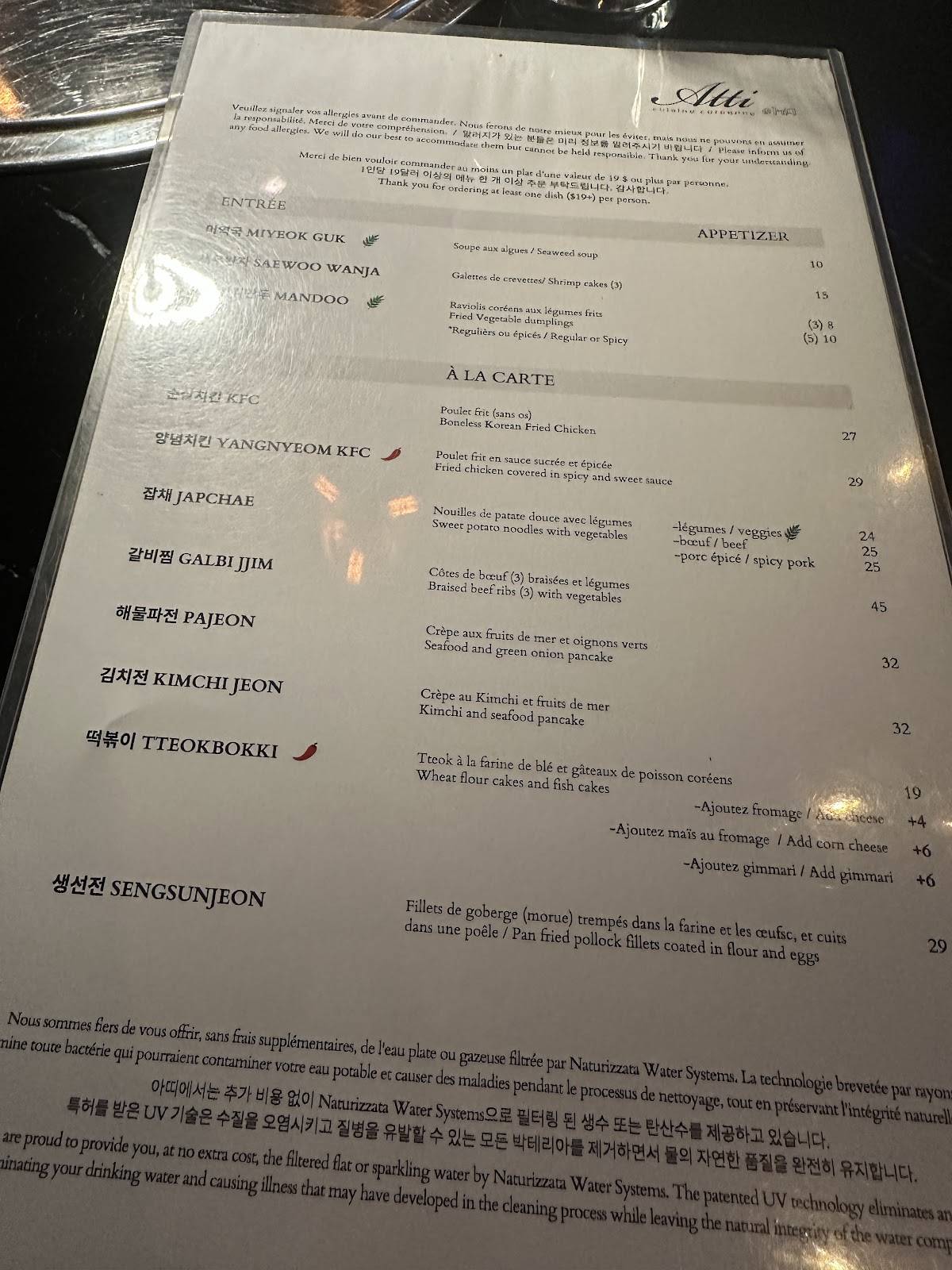 Menu au Atti restaurant cuisine Coréenne, Montréal