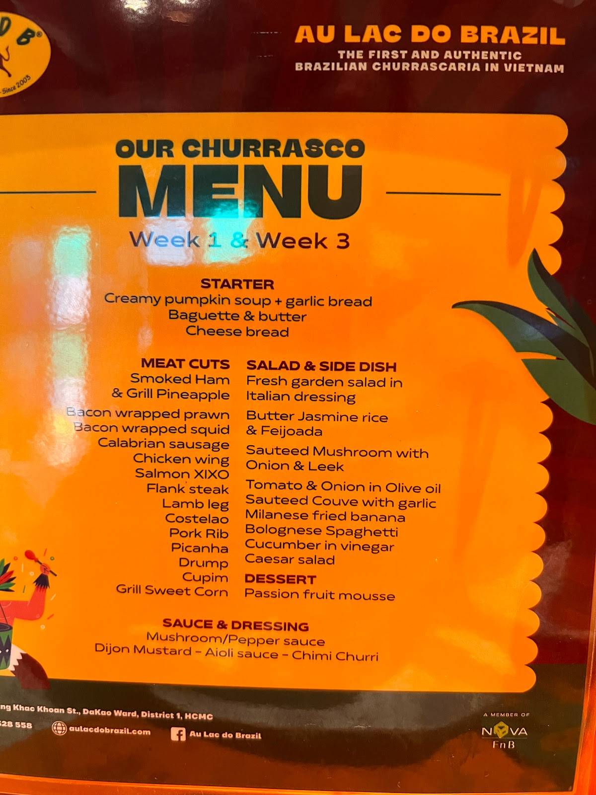 Menu at Au Lac Do Brazil Pasteur restaurant, Ho Chi Minh City, 238 Pasteur